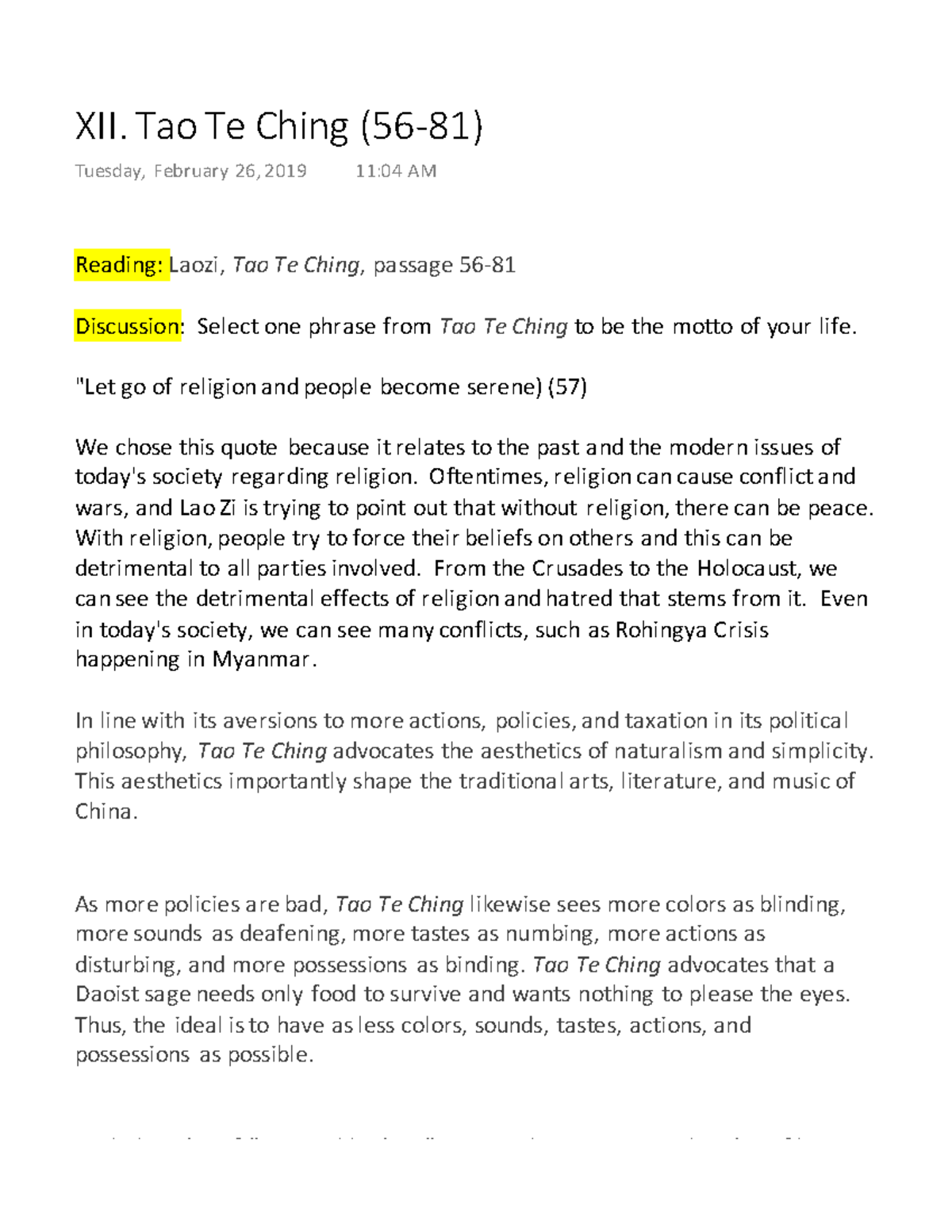 XII. Tao Te Ching (56-81) - Reading: Laozi, Tao Te Ching , passage 56 ...