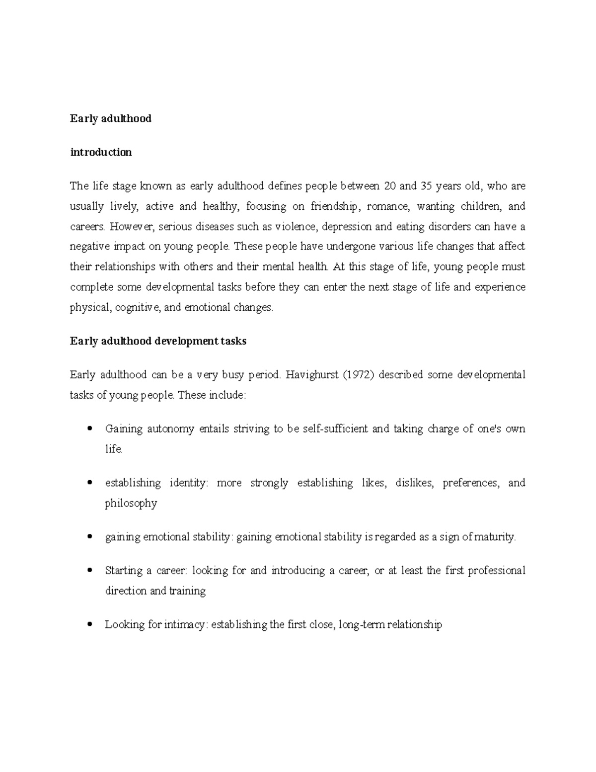 Early Adulthood - Assignment - Early adulthood introduction The life ...