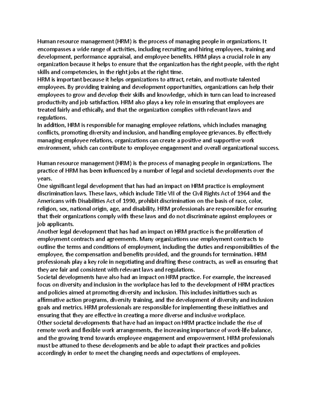 MAN 4390 Notes - Human resource management (HRM) is the process of ...