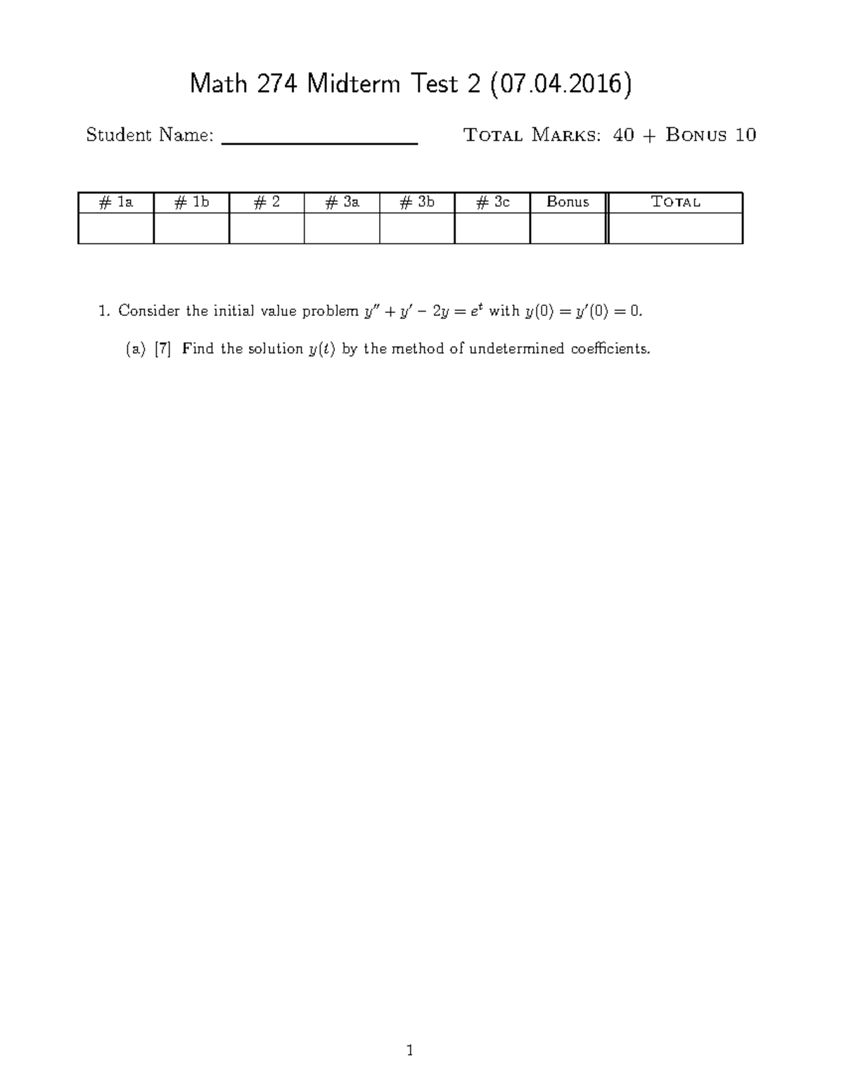 Math274-T2 - tutorial2 - Math 274 Midterm Test 2 (07.04) Student Name ...