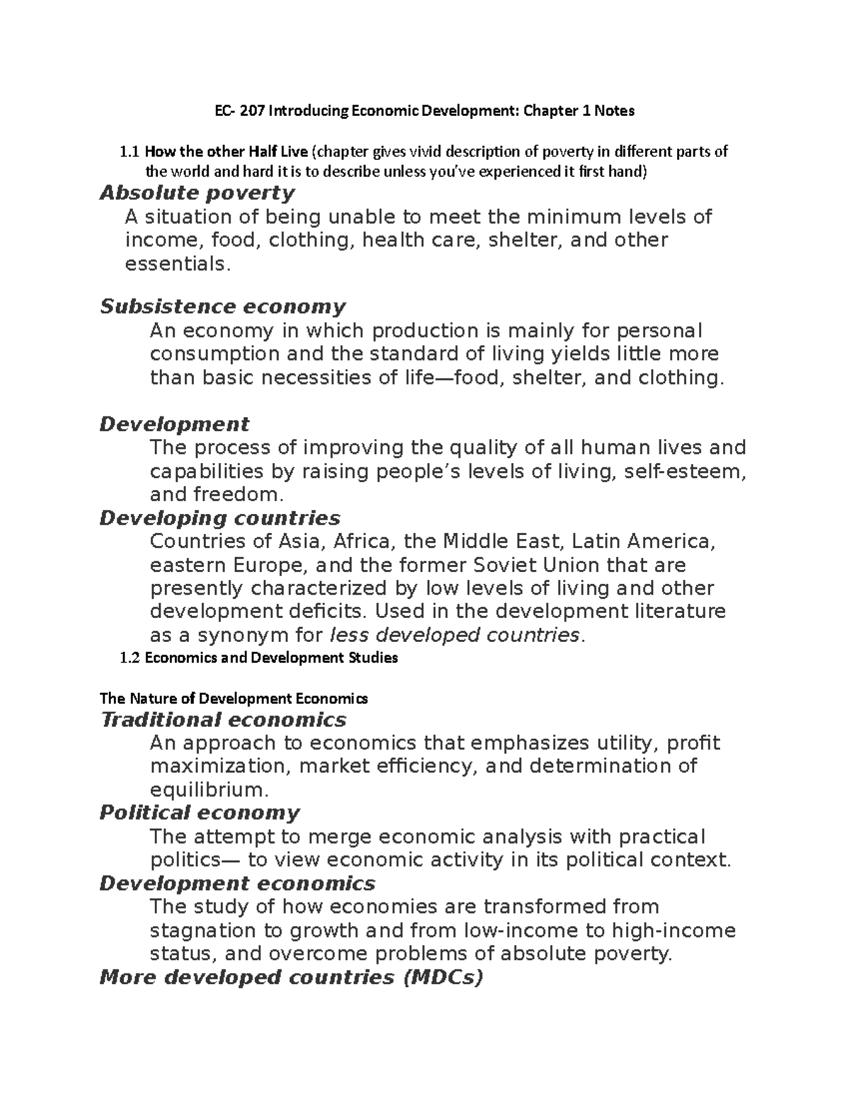 EC207 chapter 1 notes - EC- 207 Introducing Economic Development ...