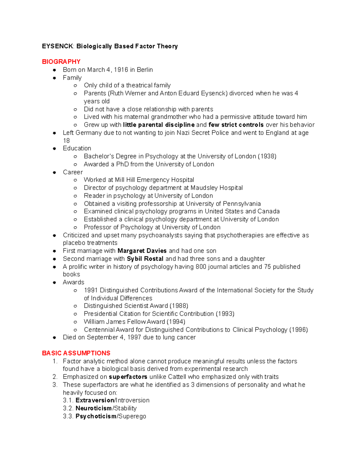 Outline of Eysenck - EYSENCK : Biologically Based Factor Theory ...