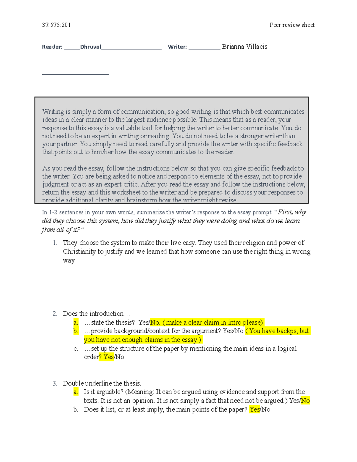 Guided Peer Review first assignment - 37:575:201 Peer review sheet ...