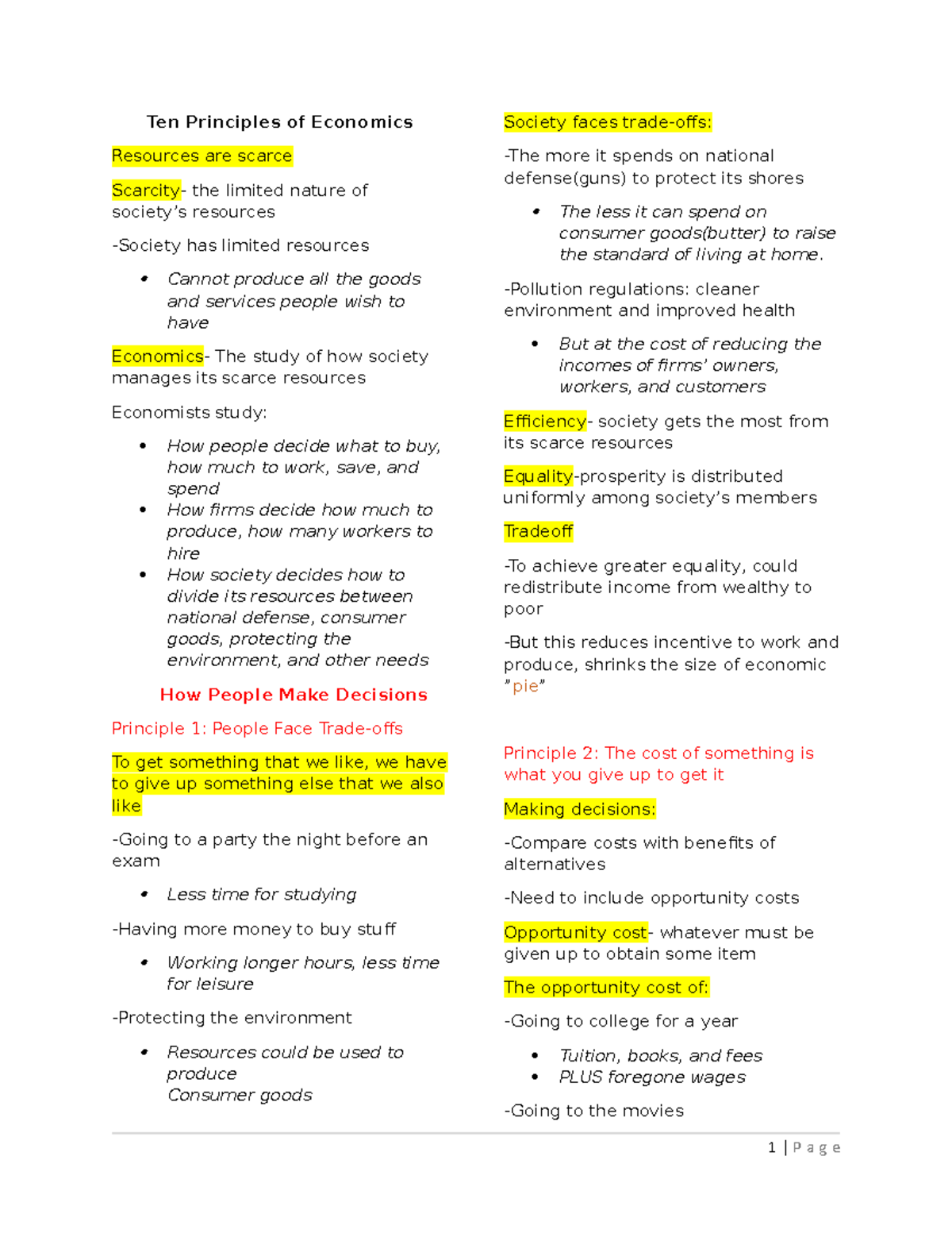 BACC101- Reviewer - Ten Principles of Economics Resources are scarce ...