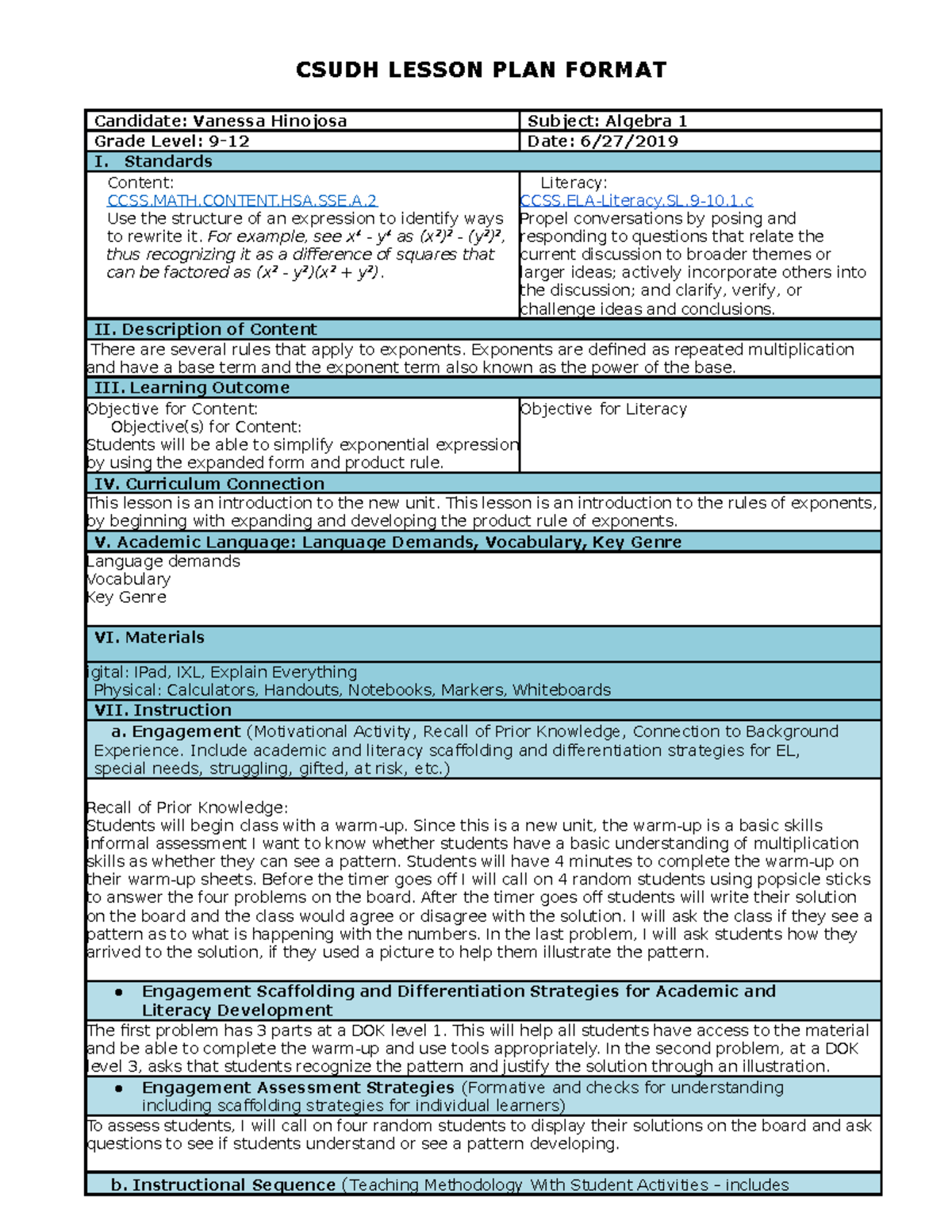 Csudh Lesson Plan Template 2019 - CSUDH LESSON PLAN FORMAT Candidate ...