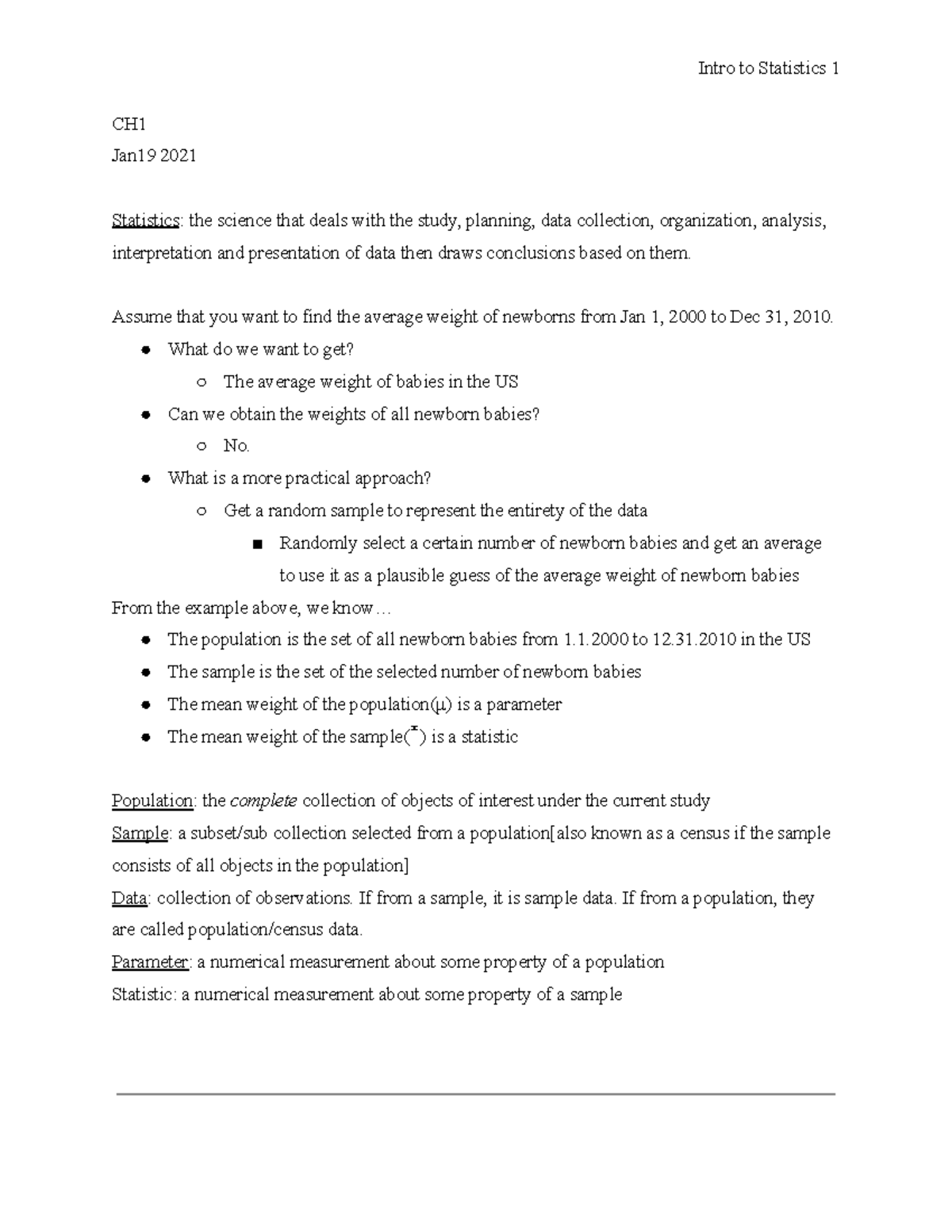 Introductory Statistics Notes 1 - CH Jan19 2021 Statistics: the science ...