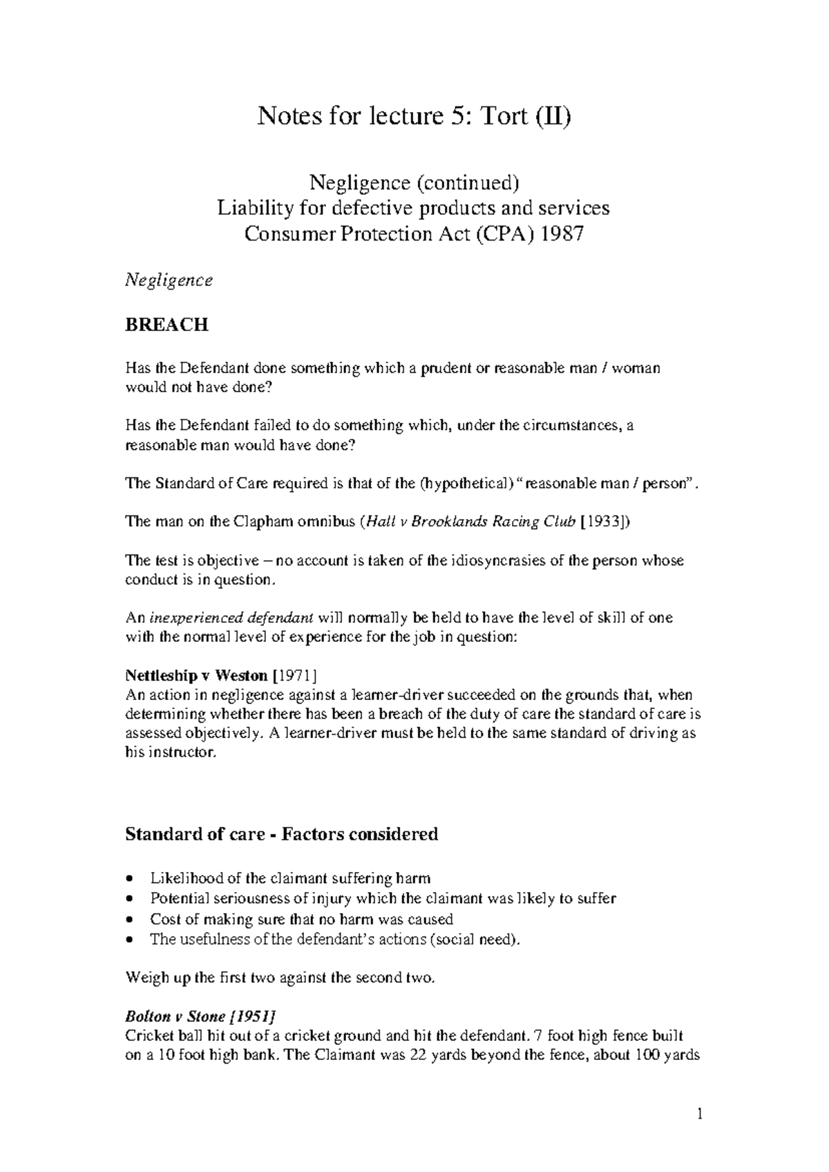 L5 Law of Tort II - accompanying notes - Notes for lecture 5 : Tort (II ...