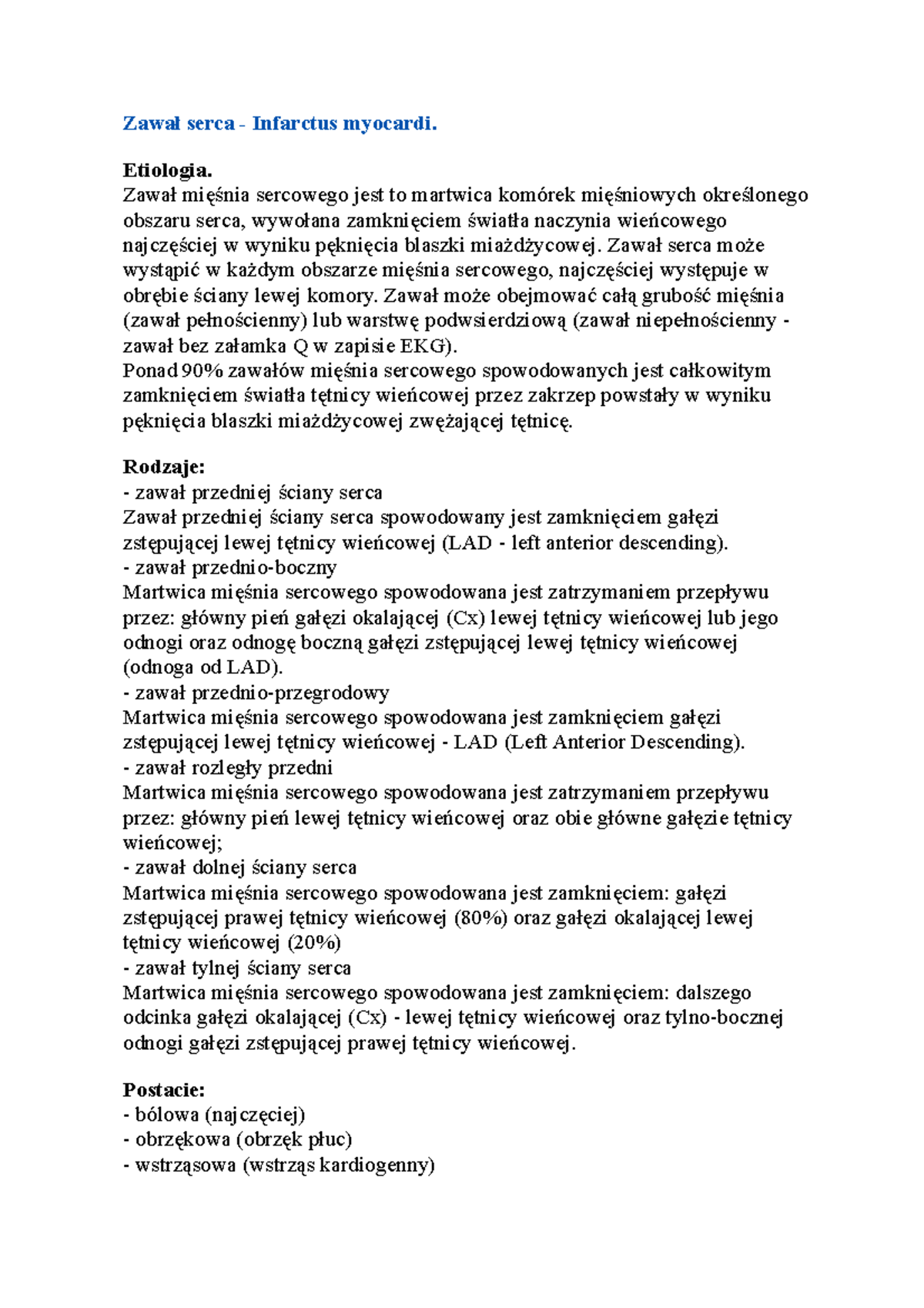 8. Zawał serca - Notatki z wykładu 8 - Zawał serca - Infarctus myocardi ...