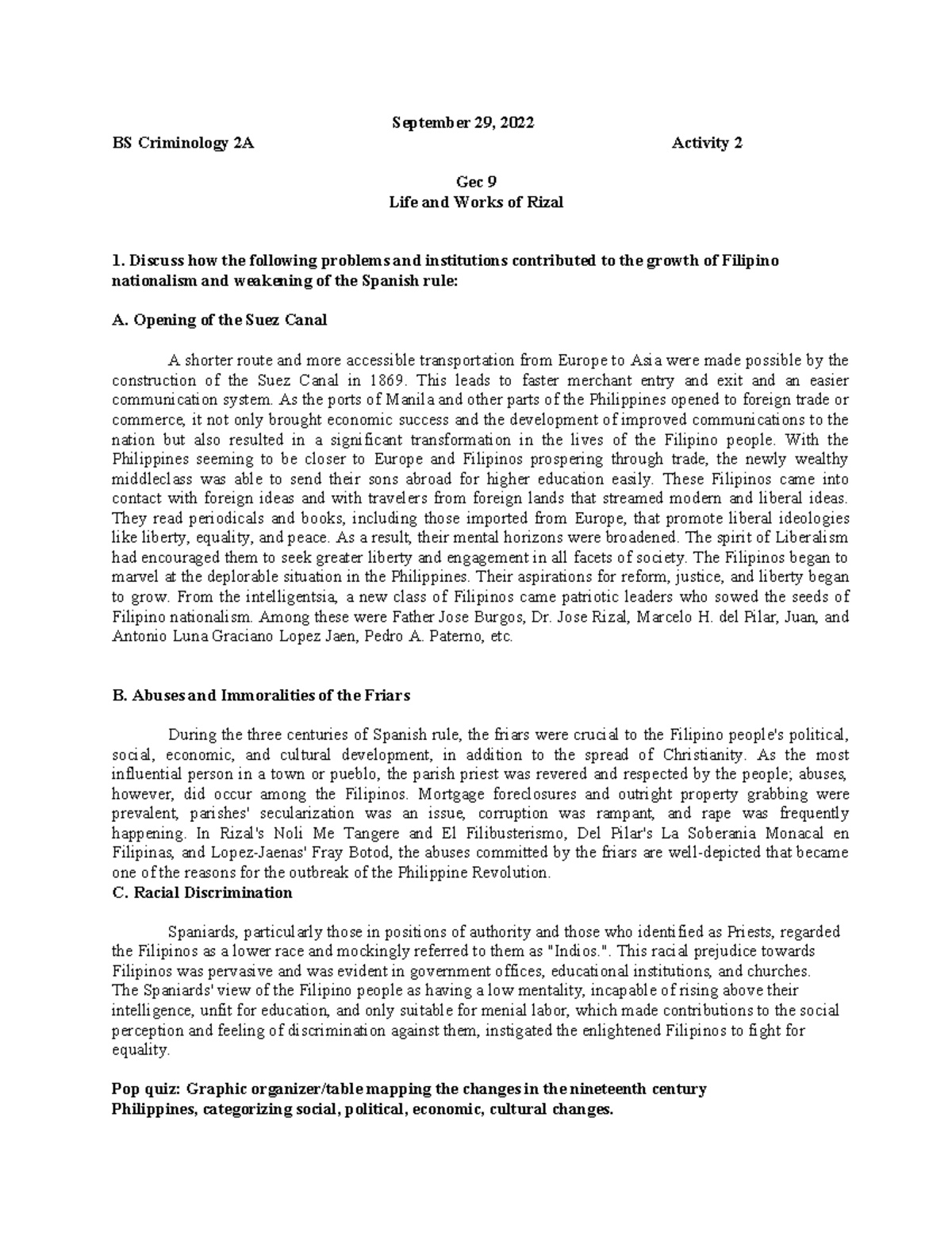 Life and Works of Rizal_activity 2 - September 29, 2022 BS Criminology ...