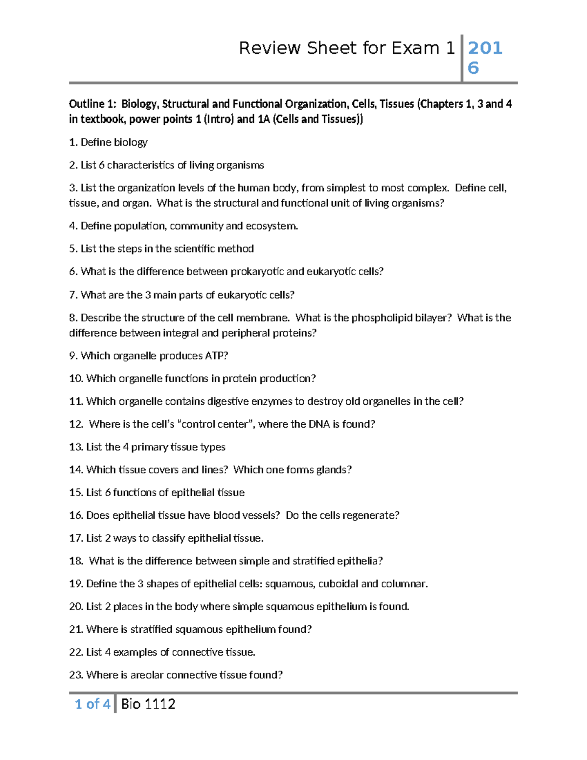 Review Sheet for Exam 1 - 6 Outline 1: Biology, Structural and ...