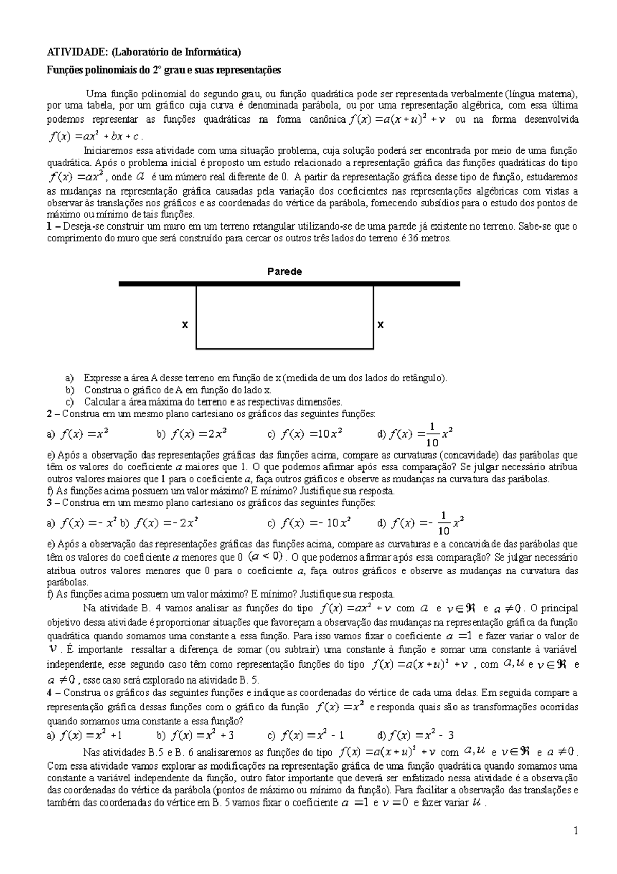 Funções Quadráticas Atividade Laboratório De Informática Funções