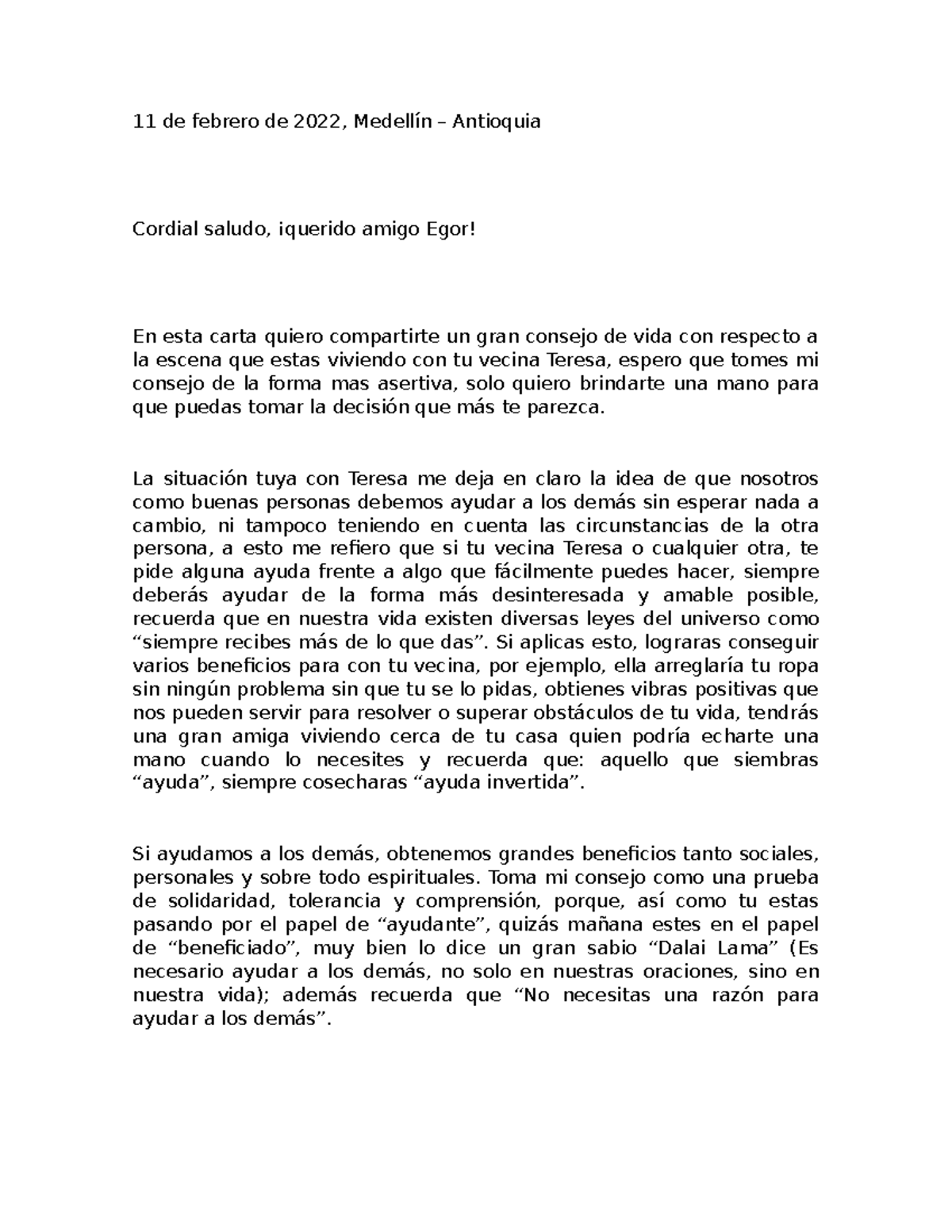 Carta para Egor - sdasdasdasd - 11 de febrero de 2022, Medellín ...