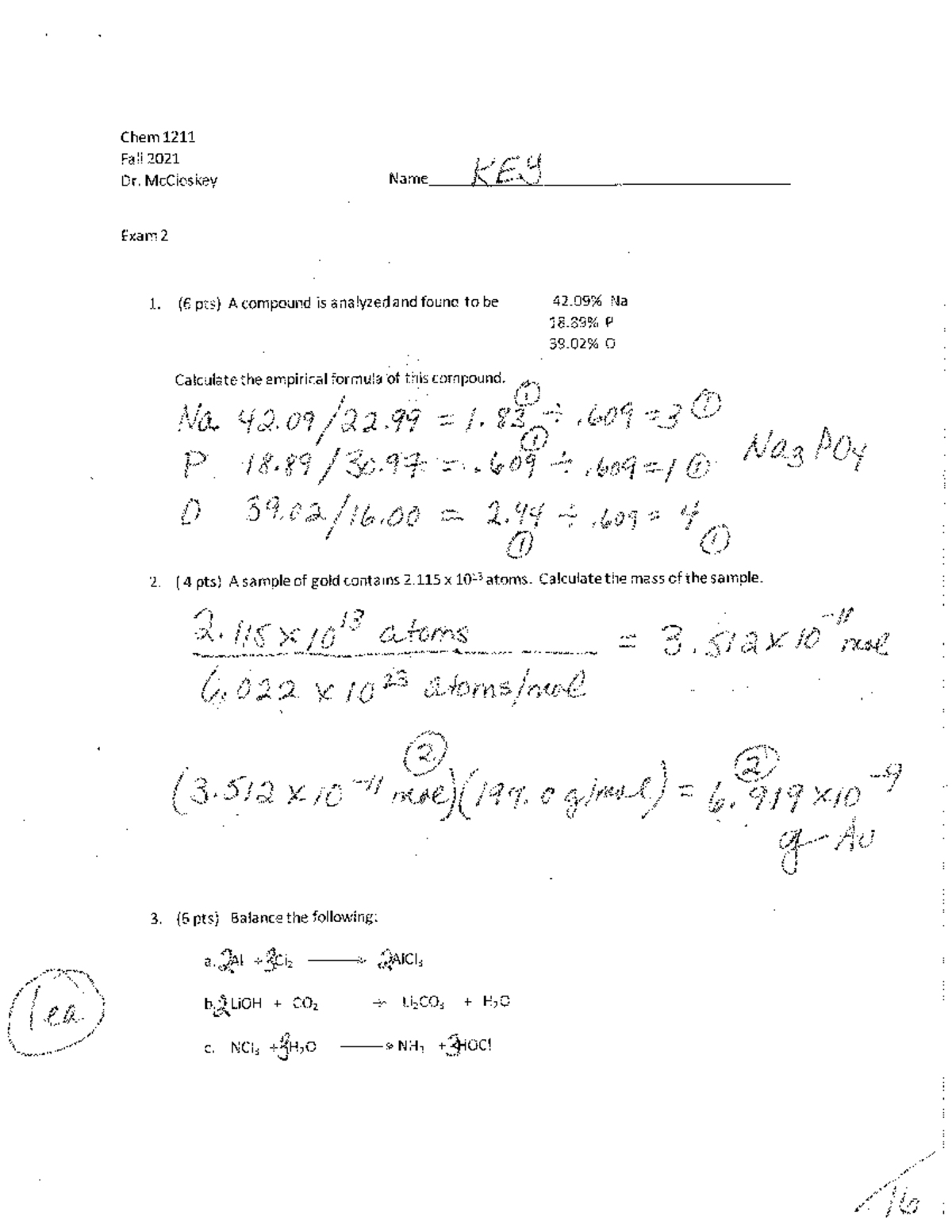 1211 Key to Exam 2 F21 - PRACTICE - CHEM 1211K - Studocu