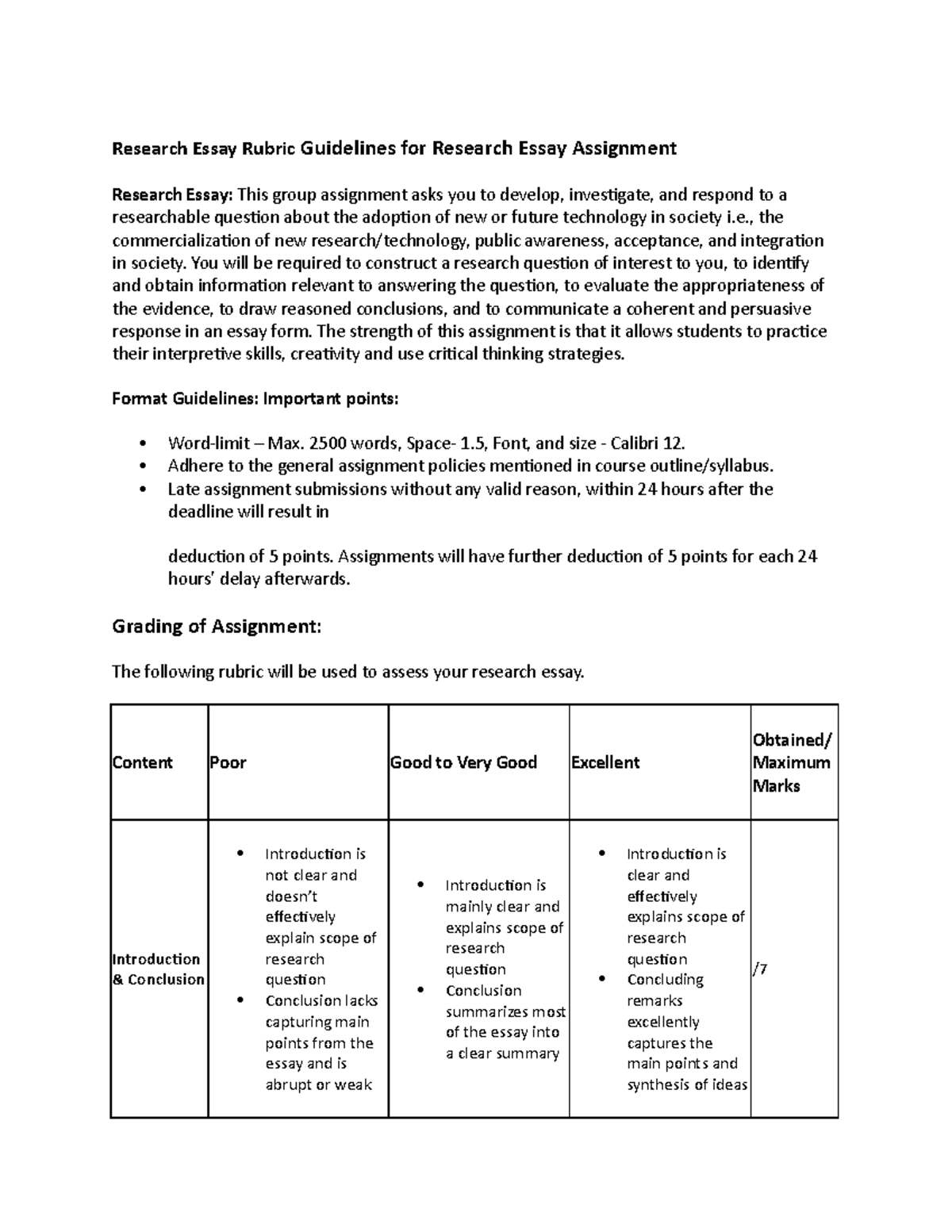 Research Essay Rubric Guidelines for Research Essay Assignment - , the ...