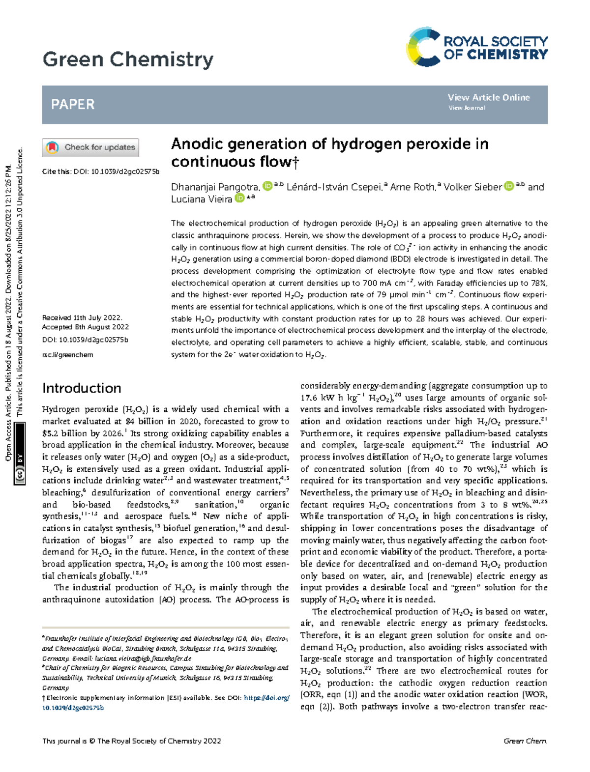2022 Pangotra Anodic H2O2 Boron Doped Diamond Green Chem - Green ...