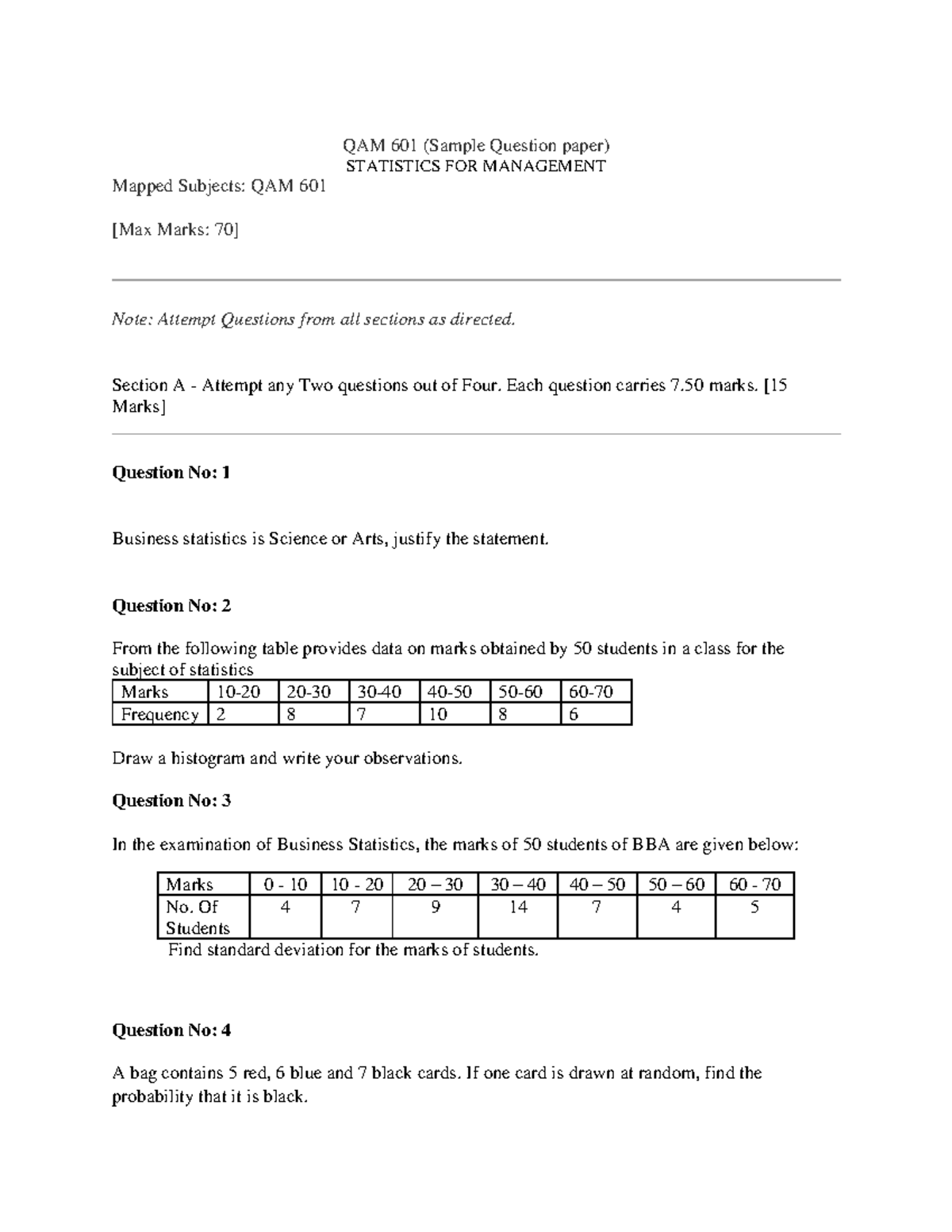 Statistics FOR Management-Sample QP - QAM 601 (Sample Question paper ...