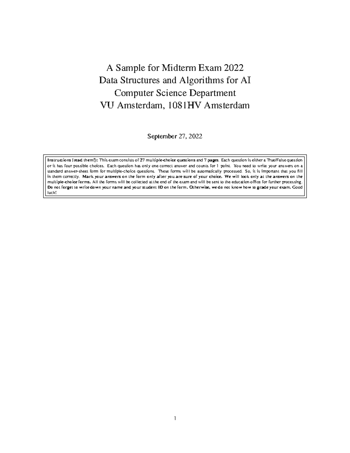 Sample for Midterm Exam 2022 - Each question is either a True/False ...