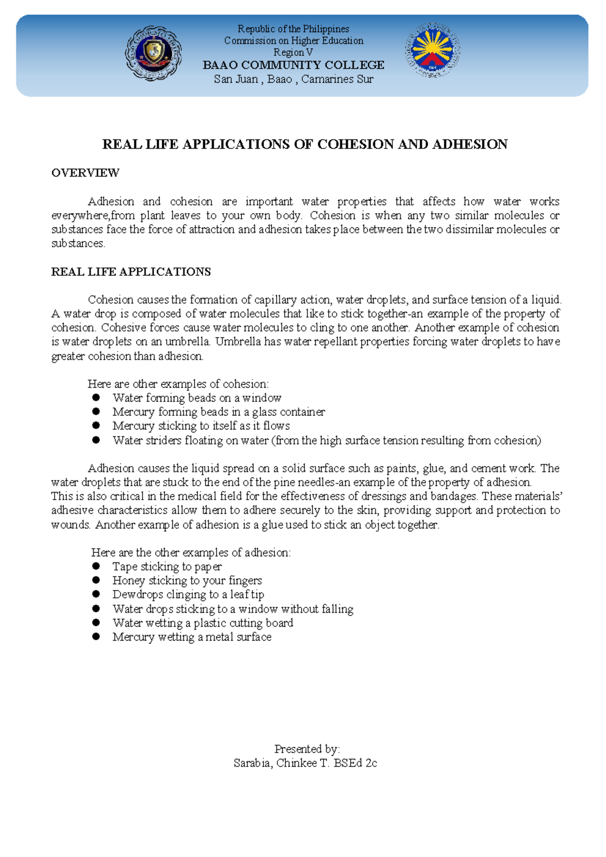 REAL LIFE Applicatons OF Cohesion AND Adhesion - Republic of the ...