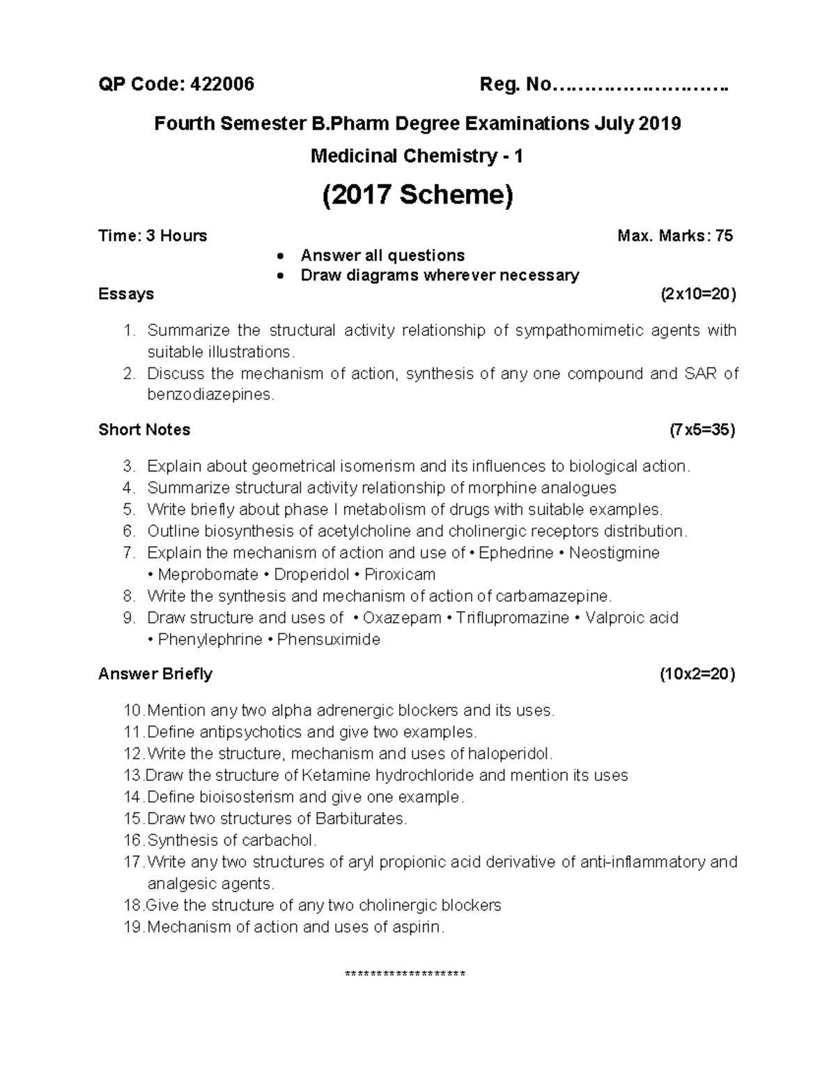 Medicinal chemistry previous year question paper July 19 - QP Code ...