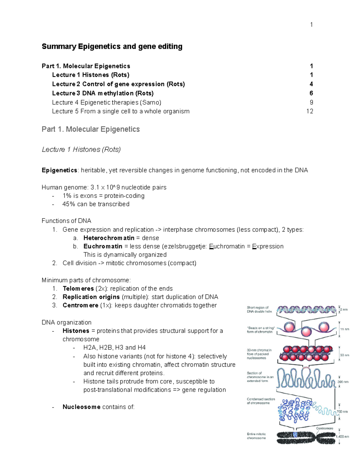 Summary Epigenetics and gene editing - Molecular Epigenetics 1 Lecture 1 Histones (Rots) 1 ...