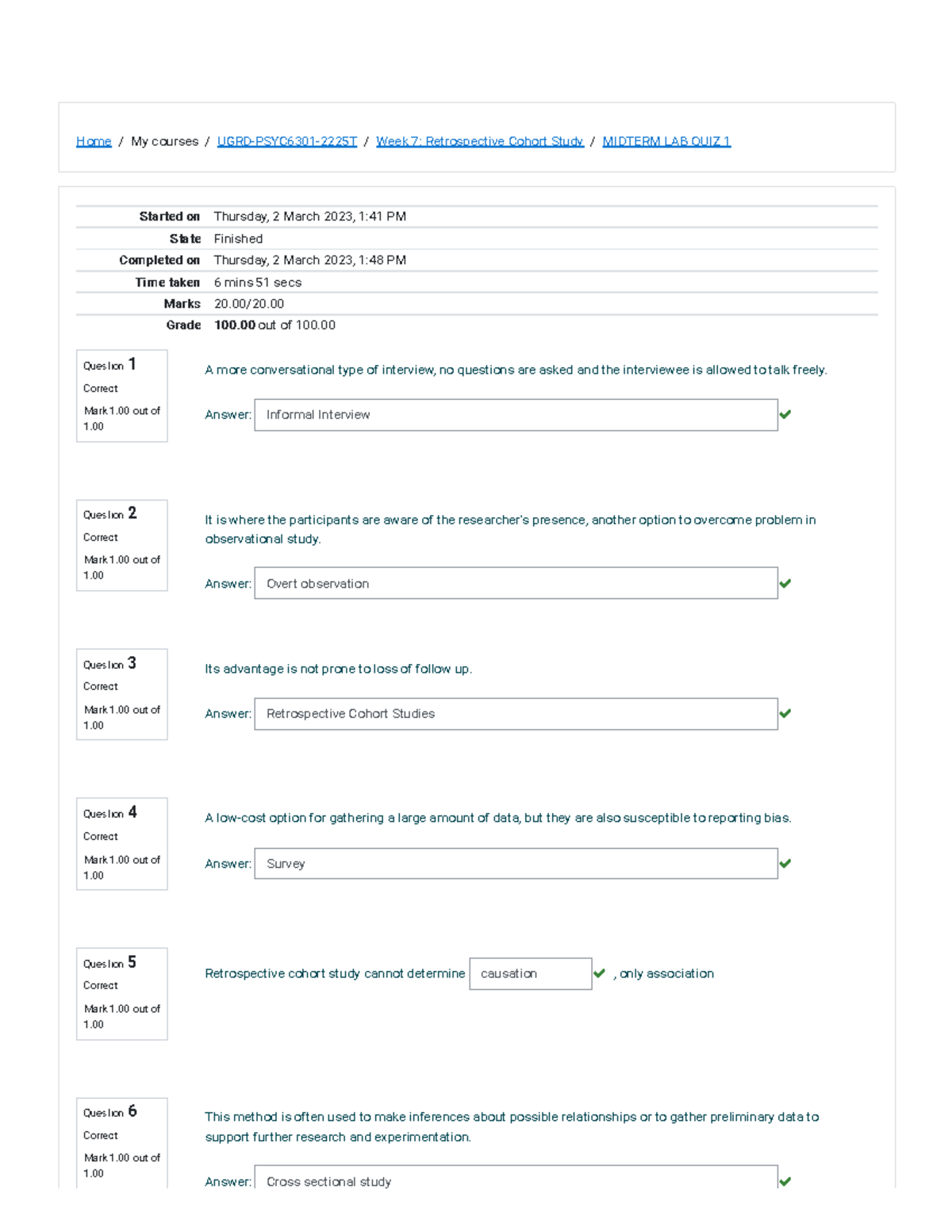 Feild method Midterm LAB QUIZ 1 Attempt review - Home / My courses / UGRD-PSYC6301-2225T / Week ...