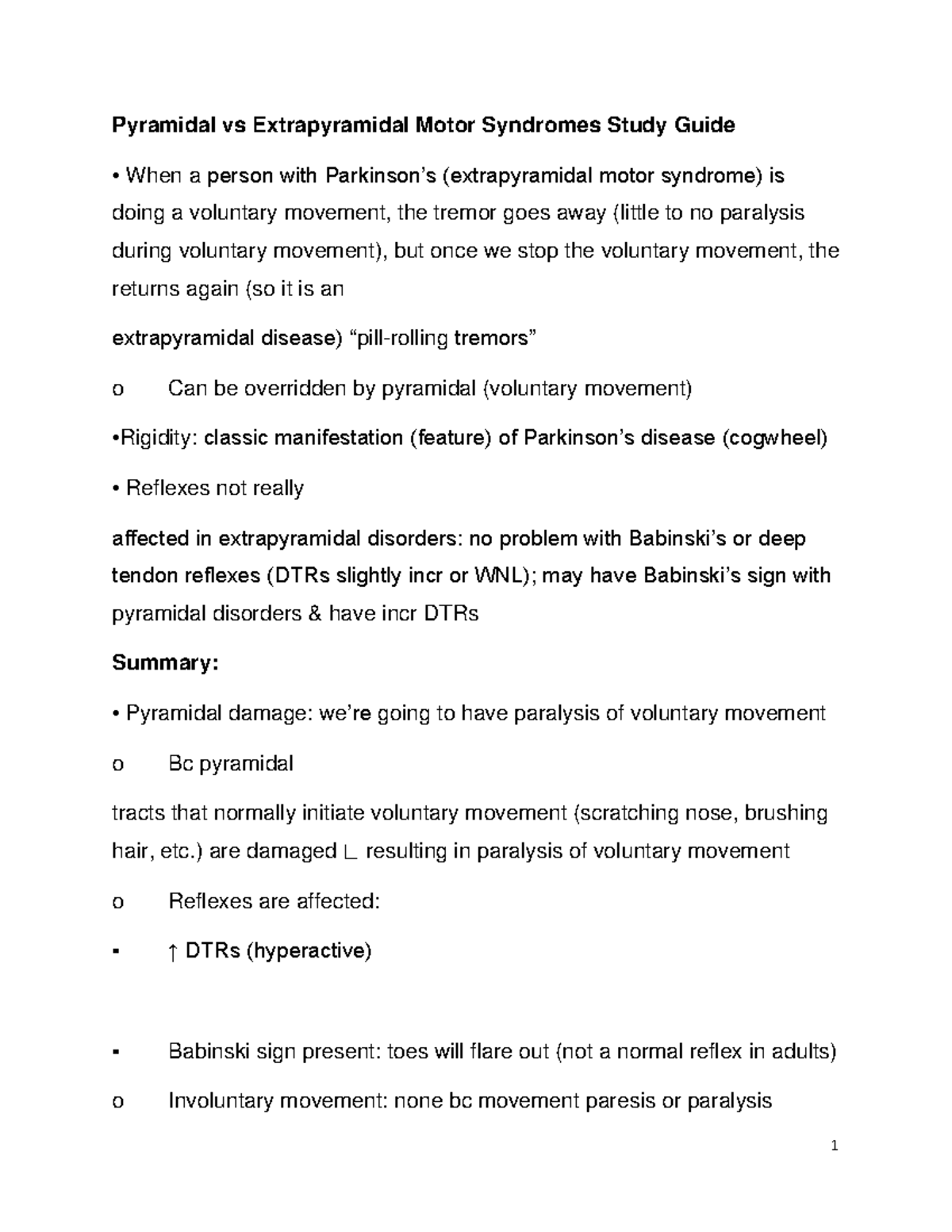 Pyramidal vs Extrapyramidal Motor Syndromes Study Guide - ) are damaged ...