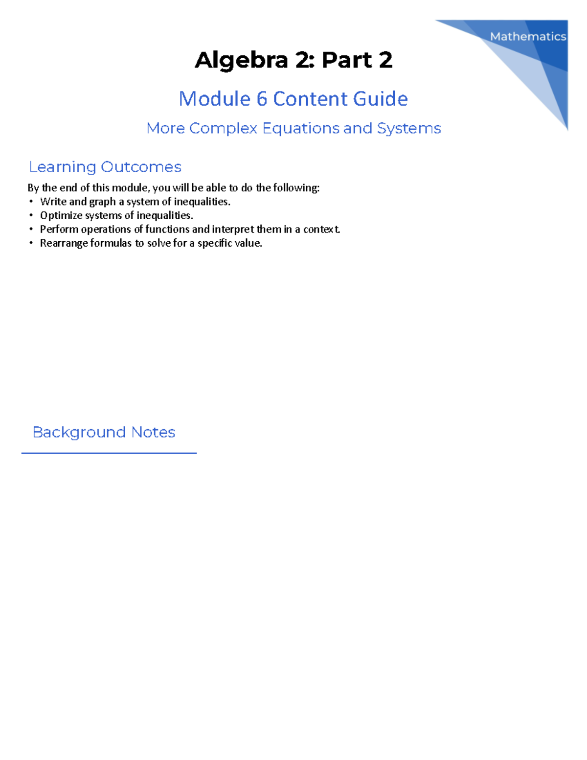 M06 Alg57 Content Guide - Module 6 Content Guide More Complex Equations ...