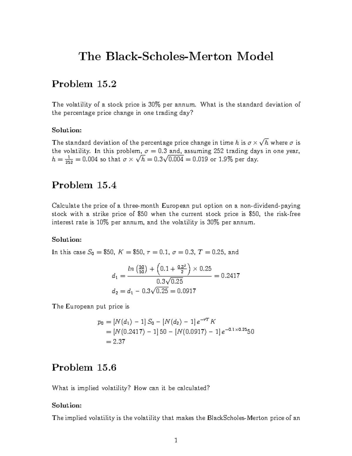 Practice Problems with Solutions - Black-Scholes Model - The Black ...