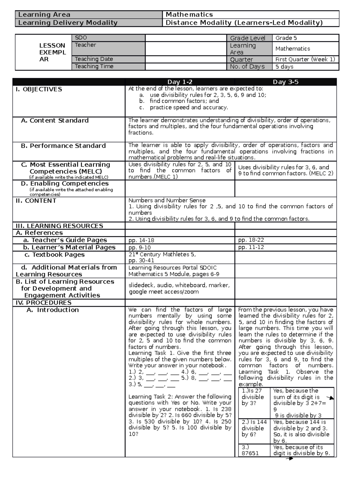 MATH 5 Q1 W1 - A Lesson Plan Exemplar is an exceptional example of a ...
