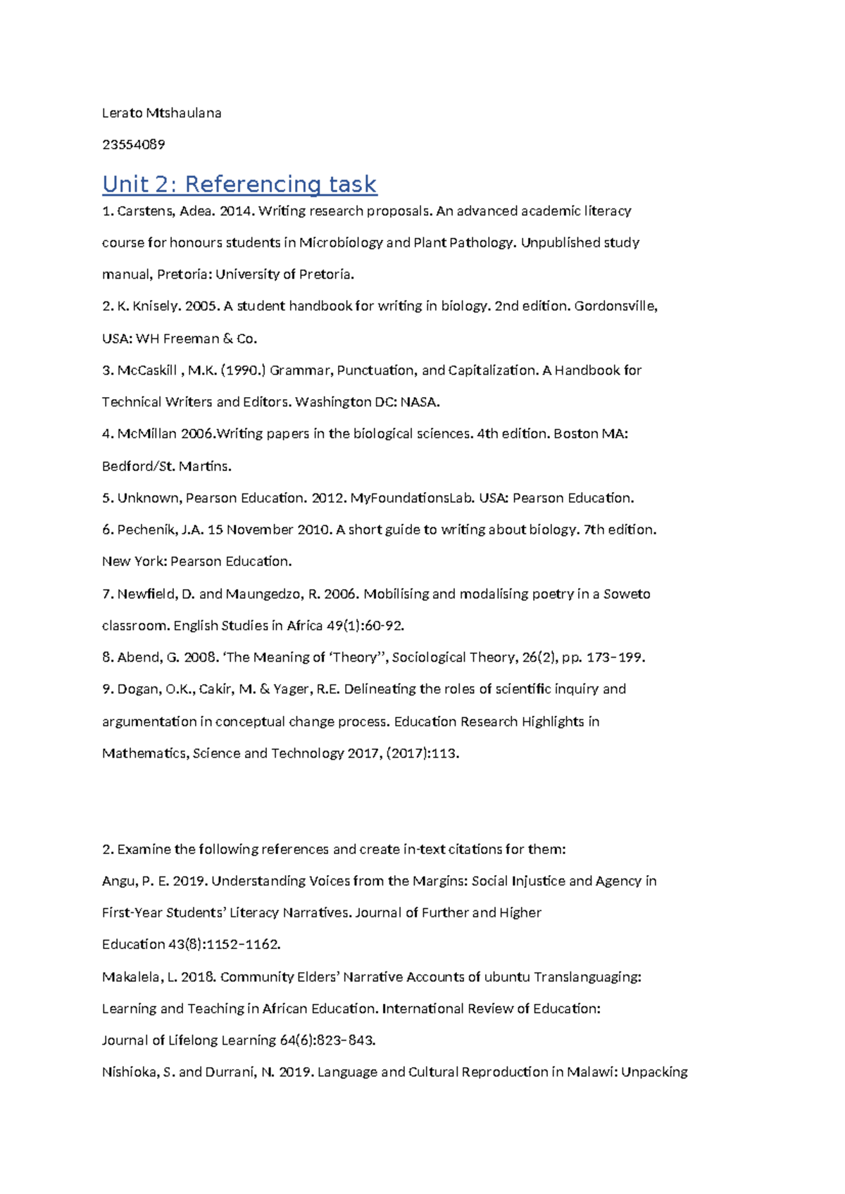 Hjdsf - Lerato Mtshaulana 23554089 Unit 2: Referencing task 1. Carstens, Adea. 2014. Writing ...