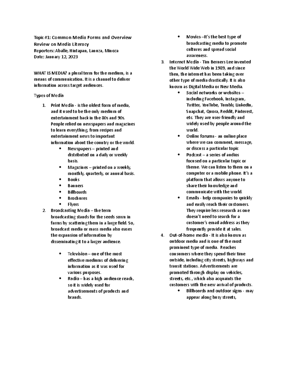 Camp Journ-handouts - lecture notes - Topic #1: Common Media Forms and ...