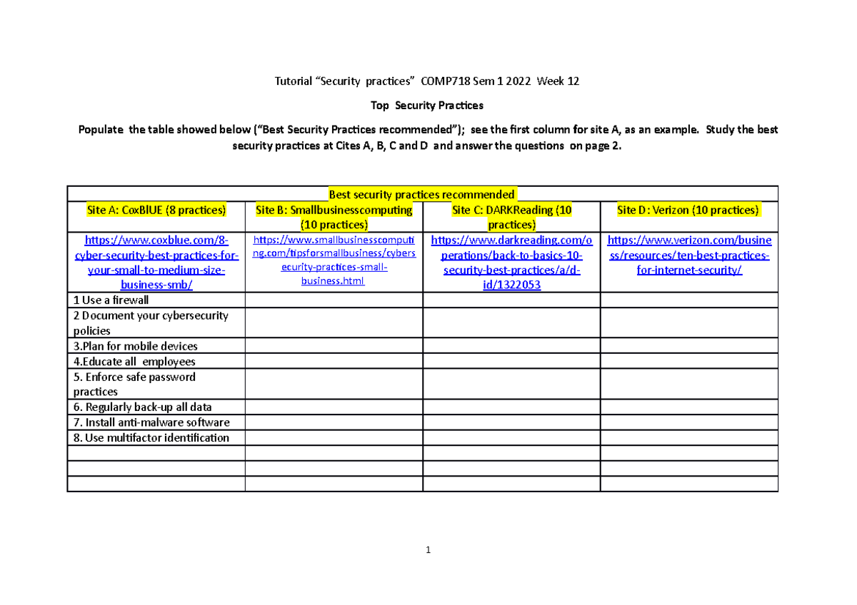Tutorial week 12 sem 1 2022 Security practices - Tutorial “Security ...