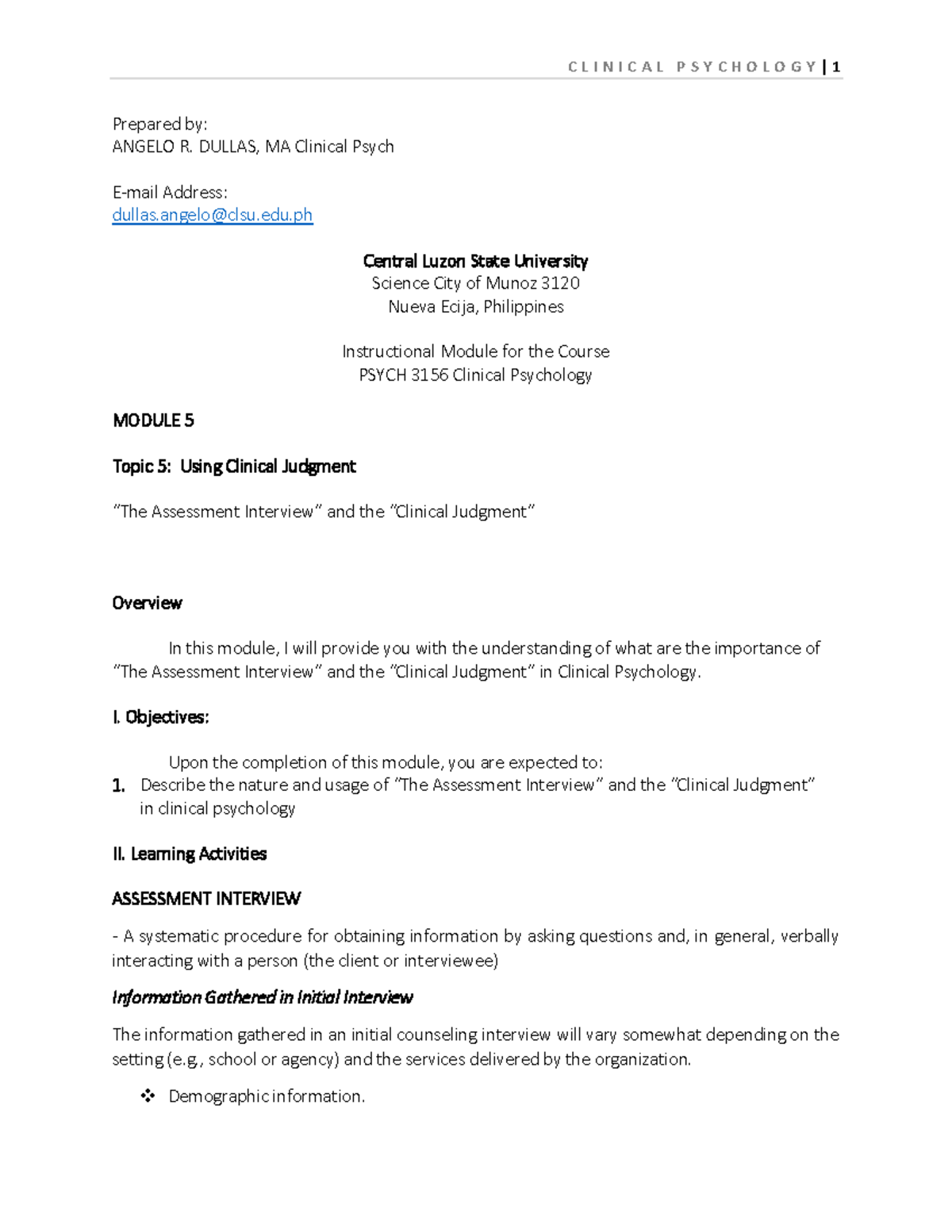Module 5 Psych 3156-1 - Prepared by: ANGELO R. DULLAS, MA Clinical ...
