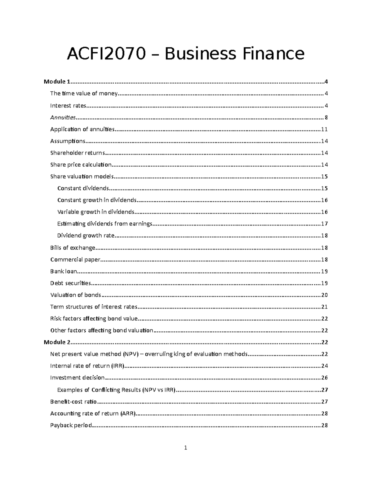 Business Finance notes - ACFI2070 - UoN - Studocu