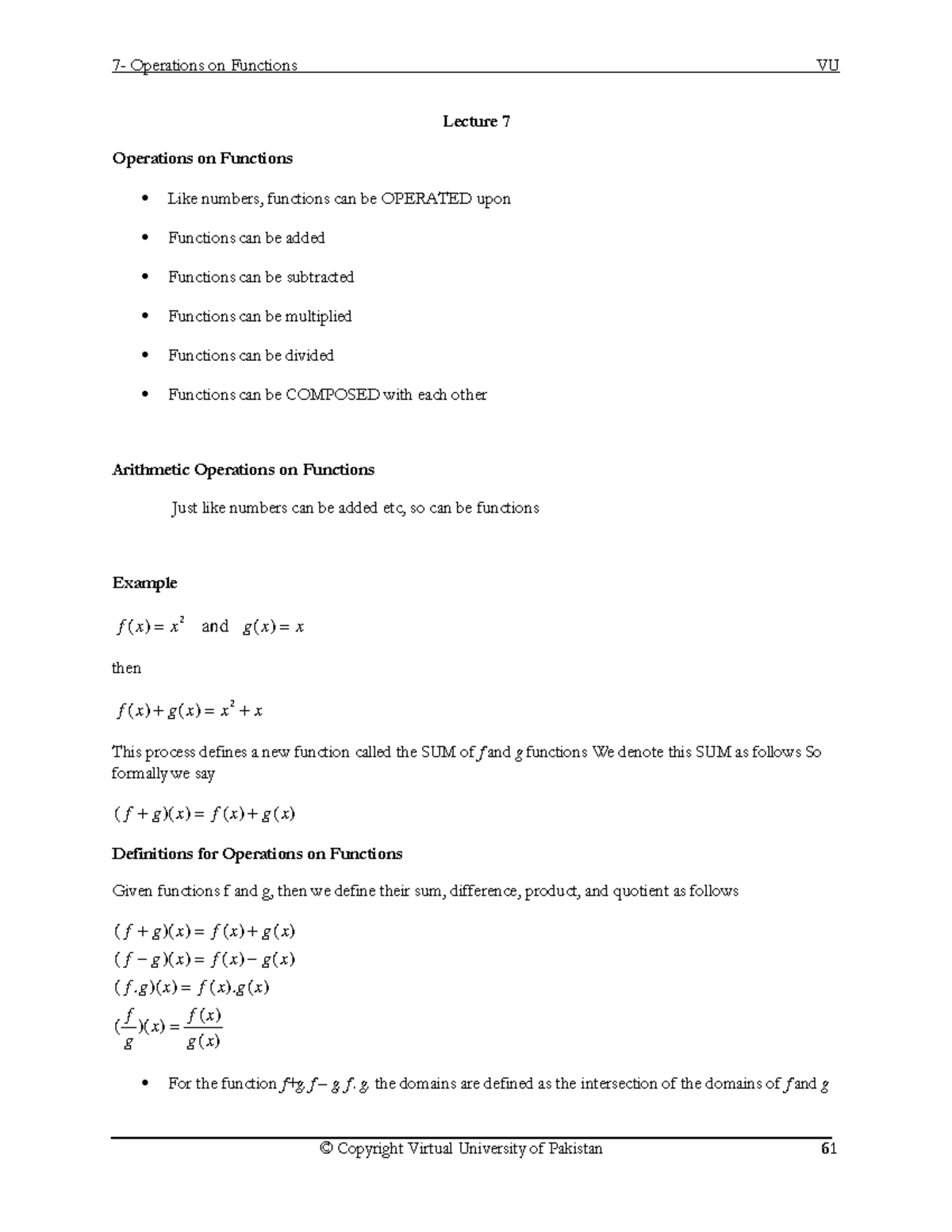 Lecture 7 Notes Lecture 7 Operations On Functions Like Numbers Functions Can Be Operated