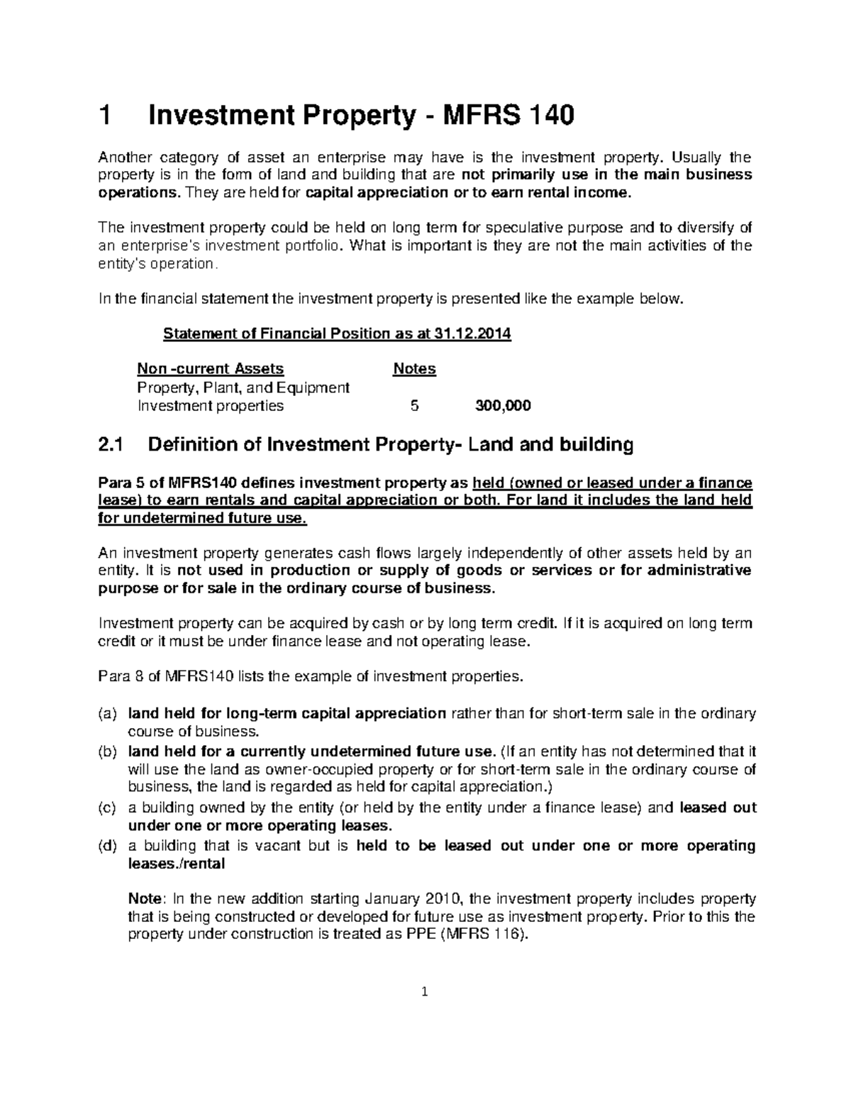MFRS 140 Investment properties Notes - 1 Investment Property - MFRS 140 ...