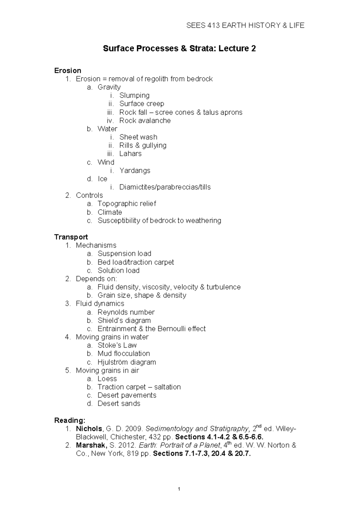 Surface Processes Strata Handout 2 - SEES 413 EARTH HISTORY & LIFE ...