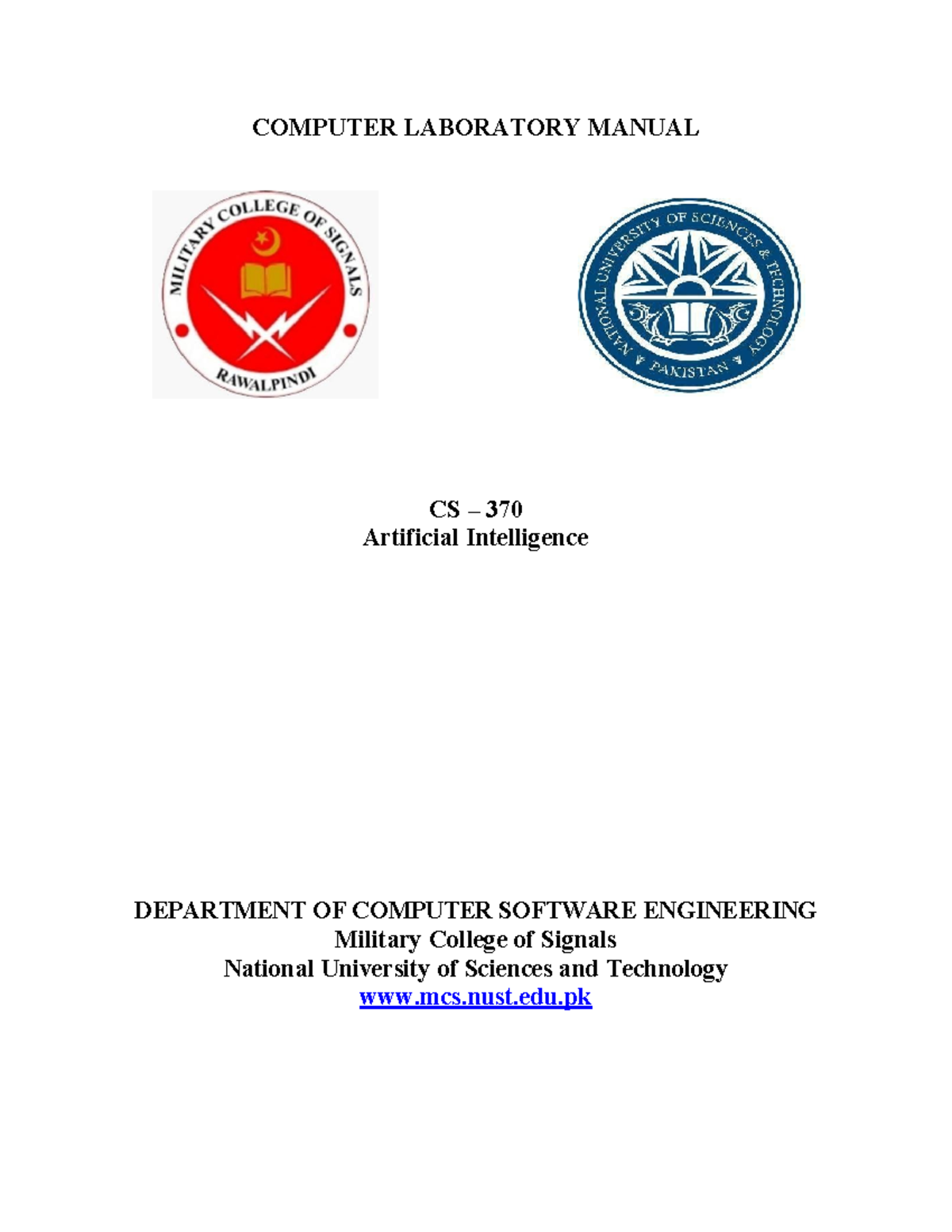 CS-370 Artificial Intelligence - (with OEL) - COMPUTER LABORATORY ...