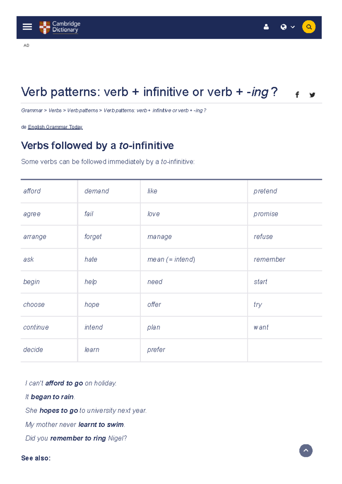 Verb patterns verb + infinitive or verb + - ing - Gramática Cambridge ...