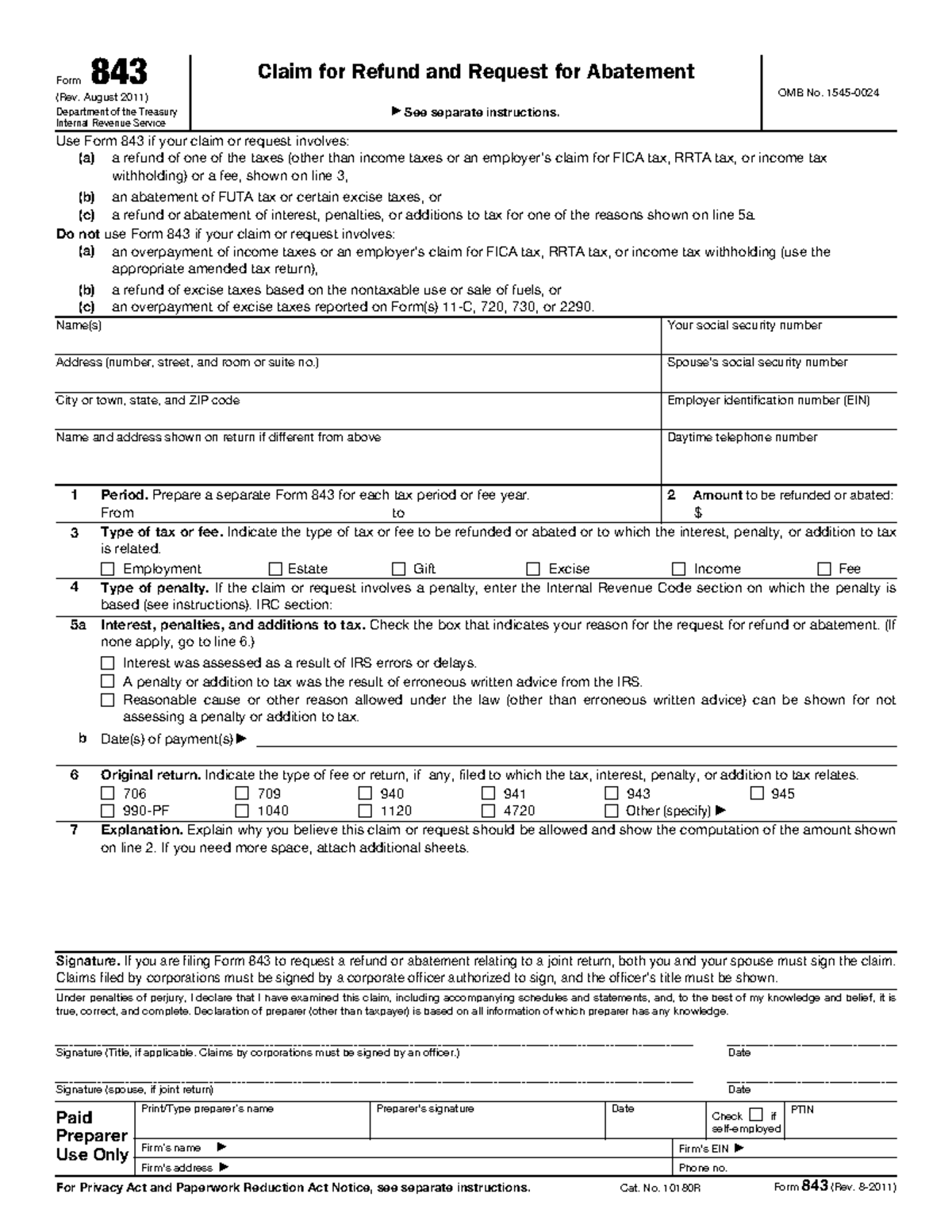F843 - Form 843 tax practice - Form 843 (Rev. August 2011) Department ...