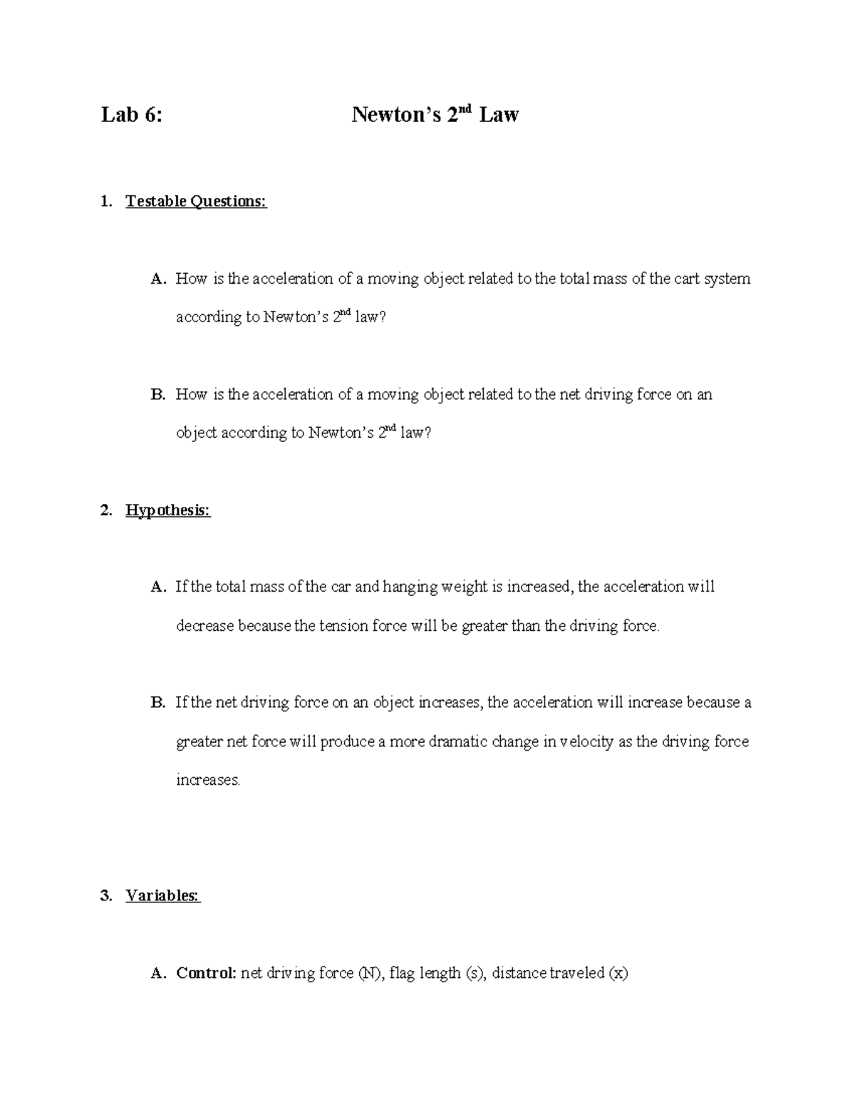 Lab 6- Newton’s 2nd Law of Motion - Lab 6: Newton’s 2 nd Law Testable ...