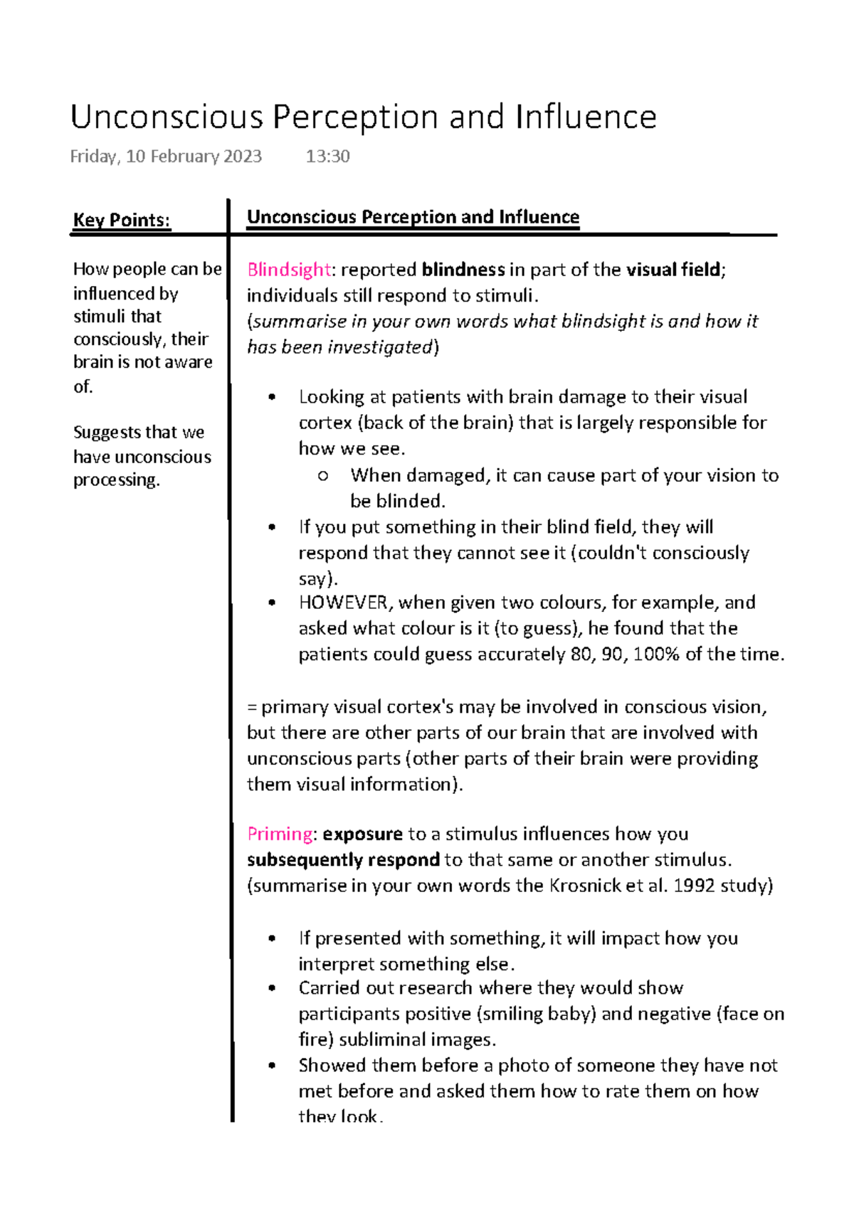 Unconscious Perception and Influence - Unconscious Perception and ...