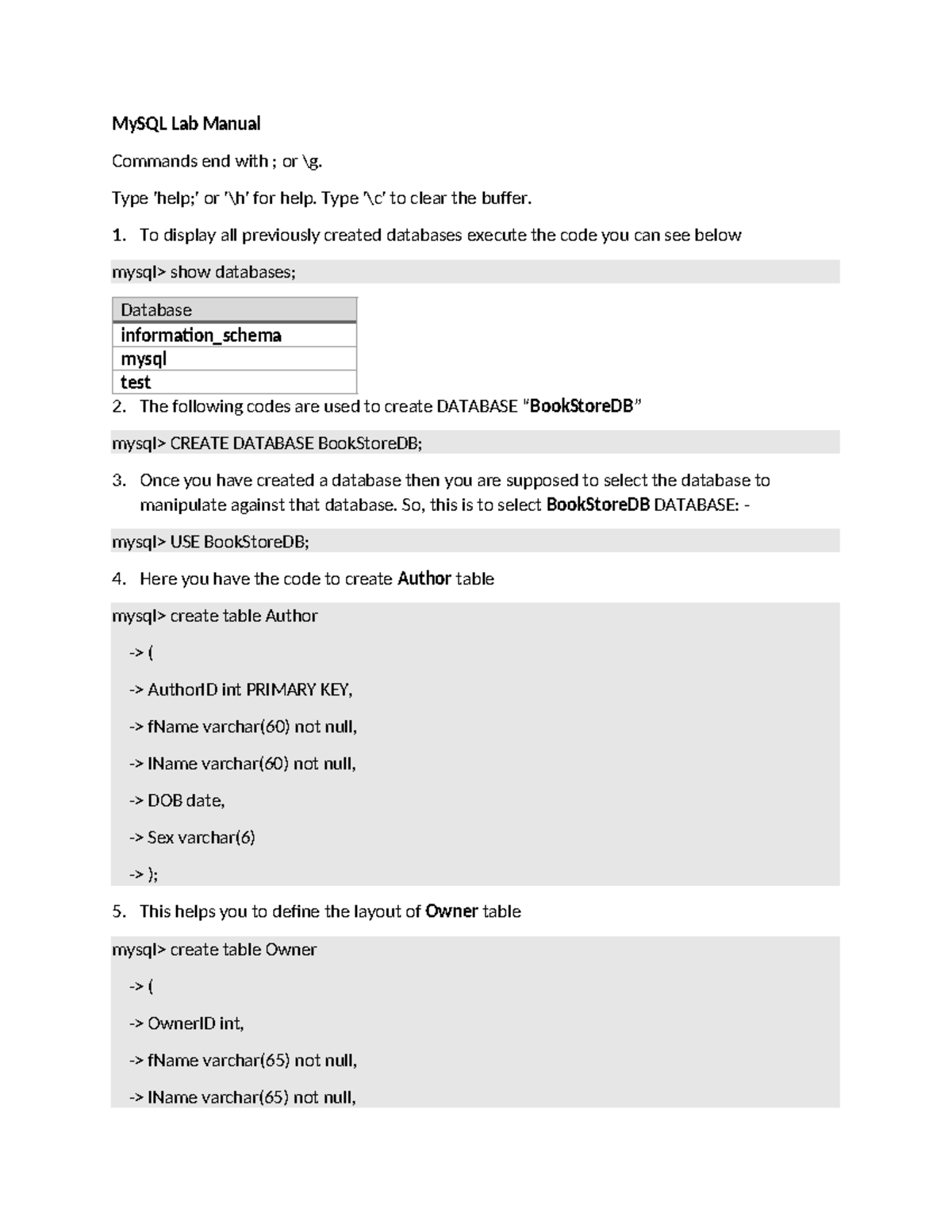 My SQL Lab Manual - Addis Ababa University - MySQL Lab Manual Commands end with ; or \g. Type ...