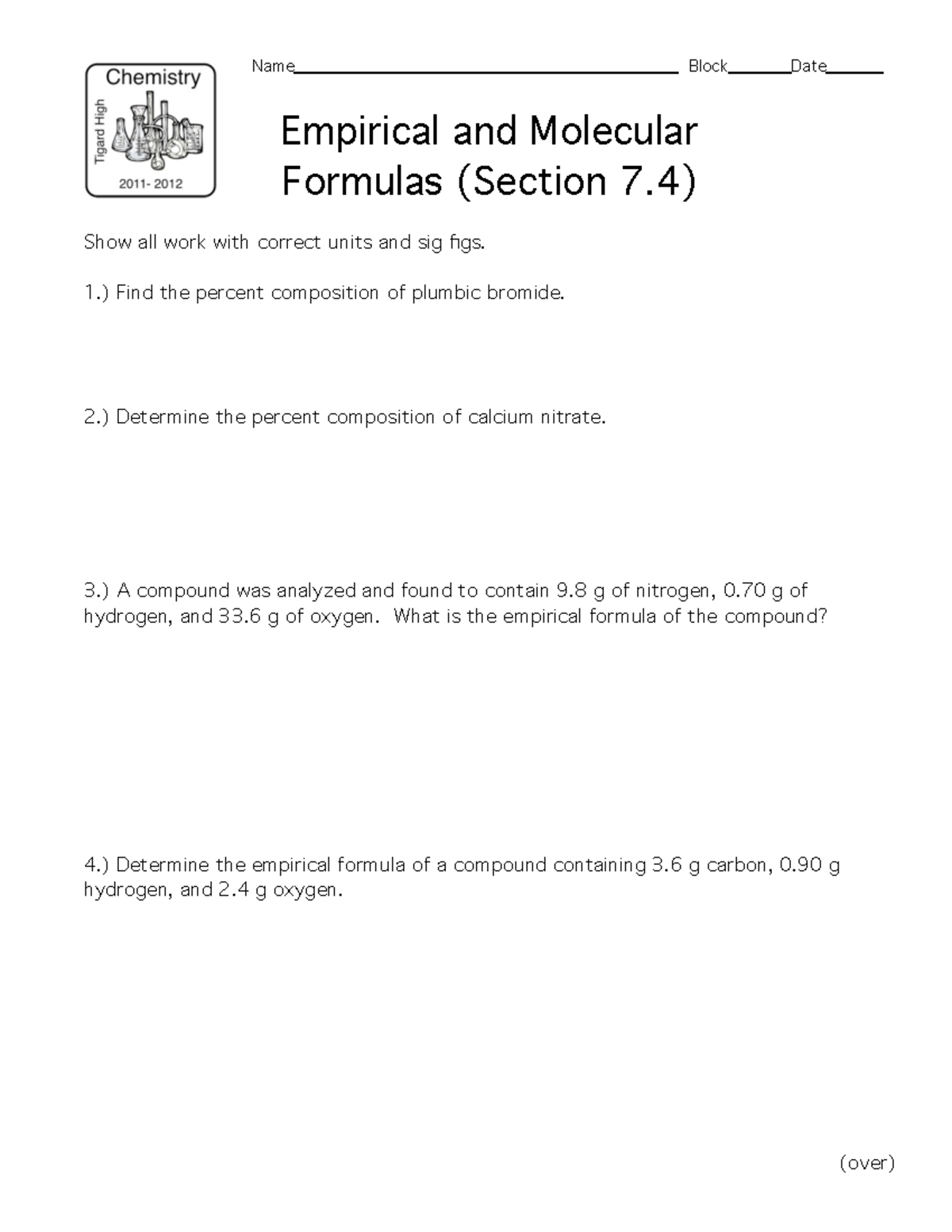 Worksheet Empirical and Molecular Formulas - !!! Name Block Date ...