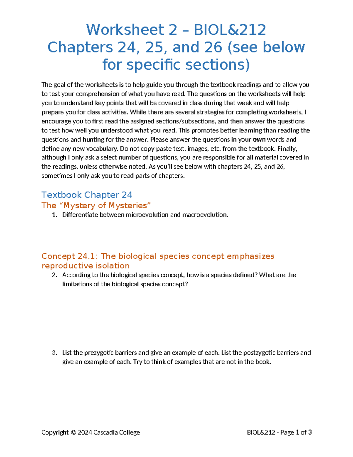 Zoology Worksheet 2 Evolution II 11ed - Worksheet 2 – BIOL& Chapters 24 ...
