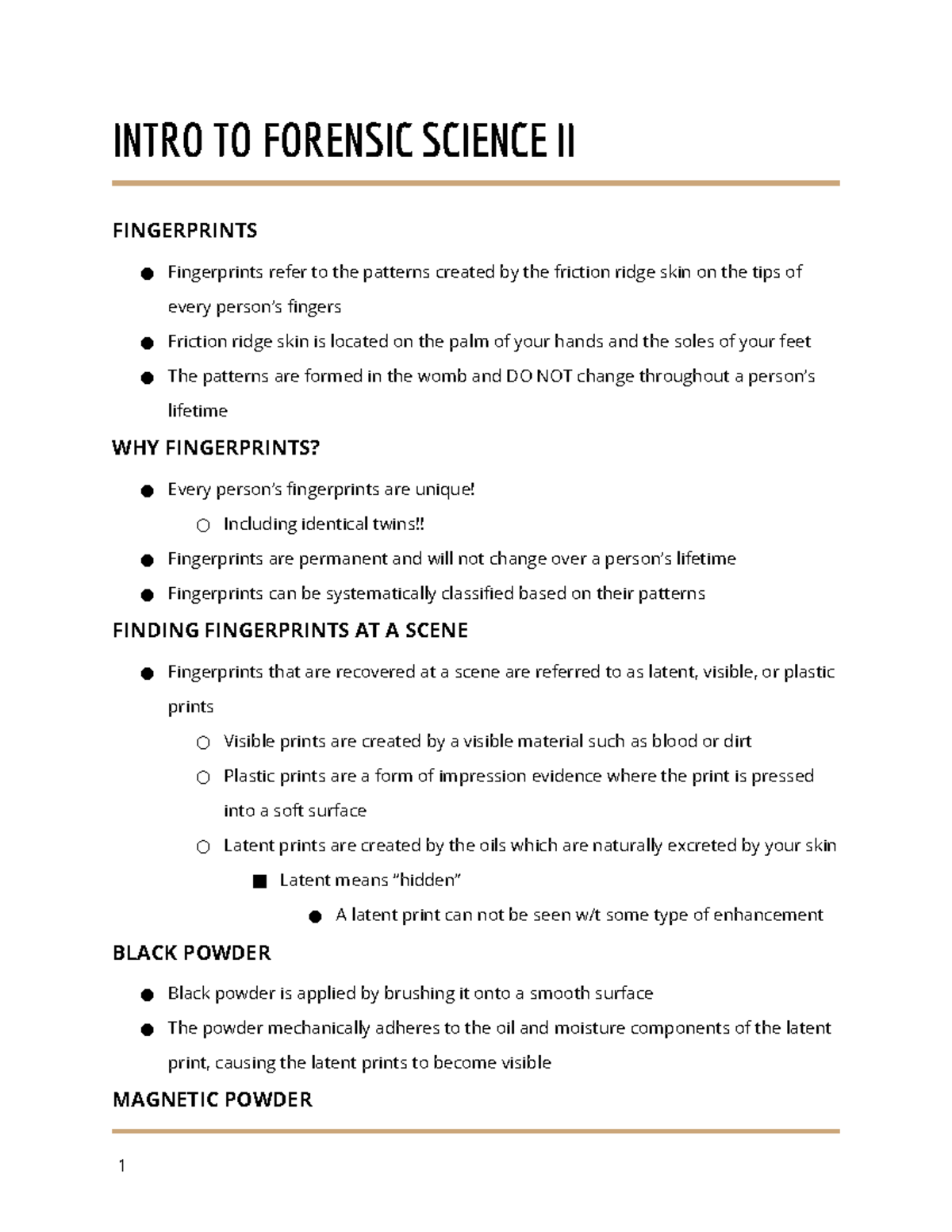 Fingerprints slides - INTRO TO FORENSIC SCIENCE II FINGERPRINTS ...