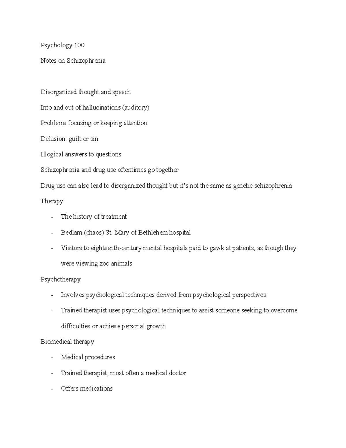 Schizophrenia notes - Psychology 100 Notes on Schizophrenia ...