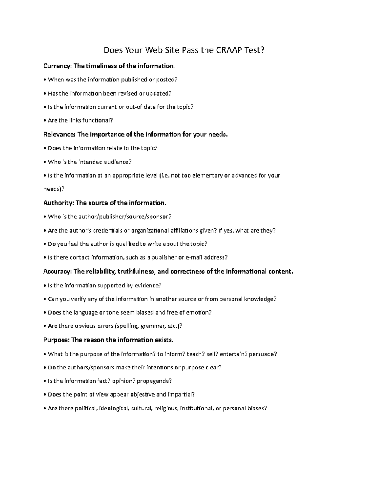 LIS 201 - Info - Website Evaluation Handout(2) - Does Your Web Site ...
