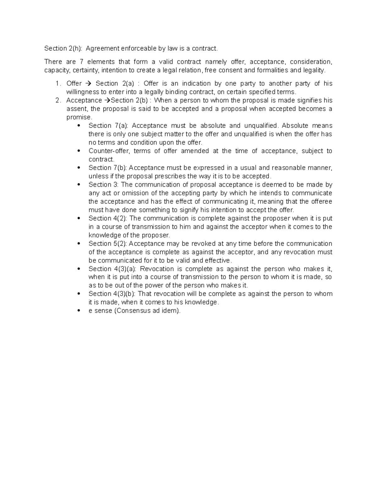 Contract - Section 2(h): Agreement enforceable by law is a contract ...