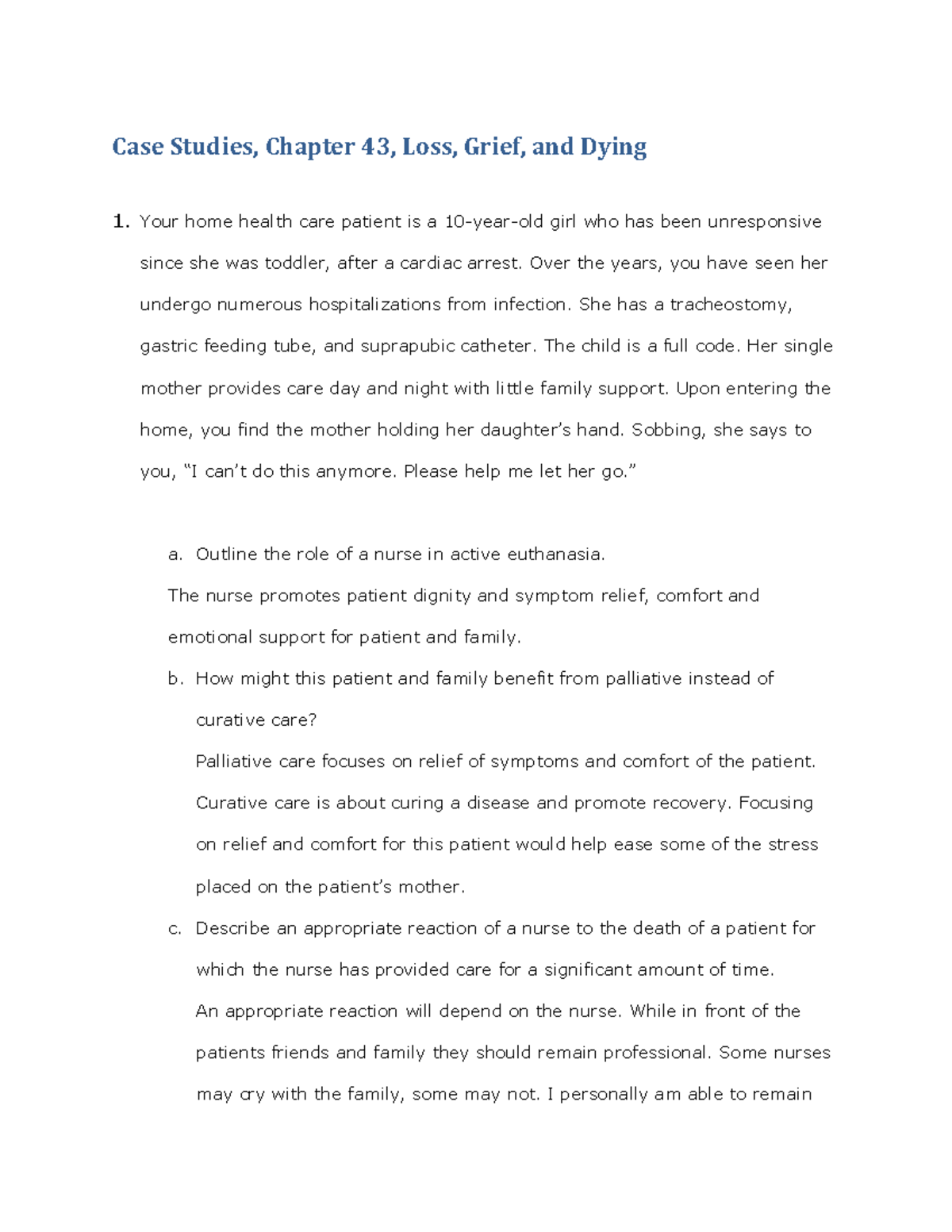 Death and Dying case study - Case Studies, Chapter 43, Loss, Grief, and ...